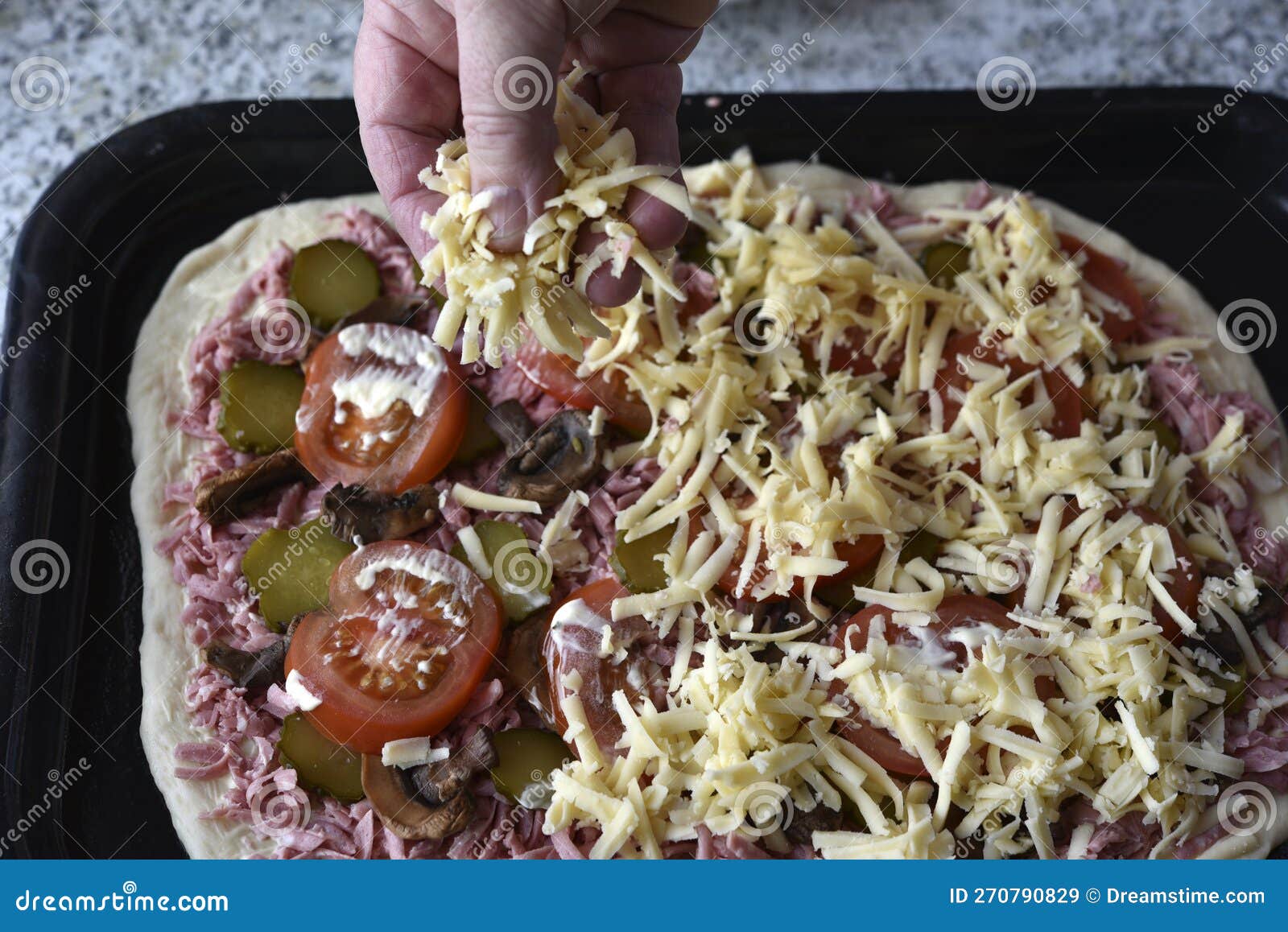 Making Fresh Pizza. Sprinkle Cheese on Pizza Stock Image - Image of ...
