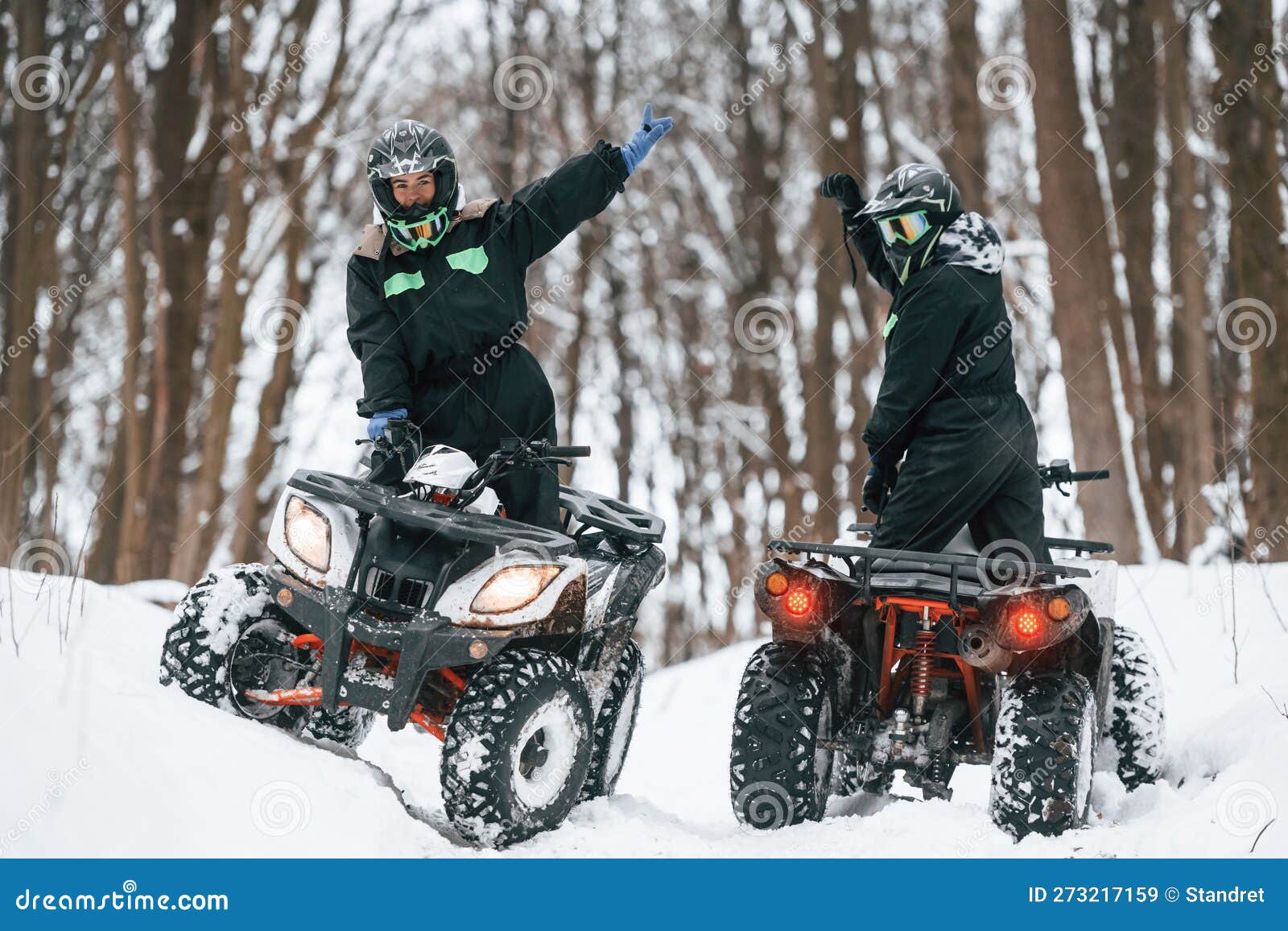 Making Gestures. Two People are Riding ATV in the Winter Forest Stock ...