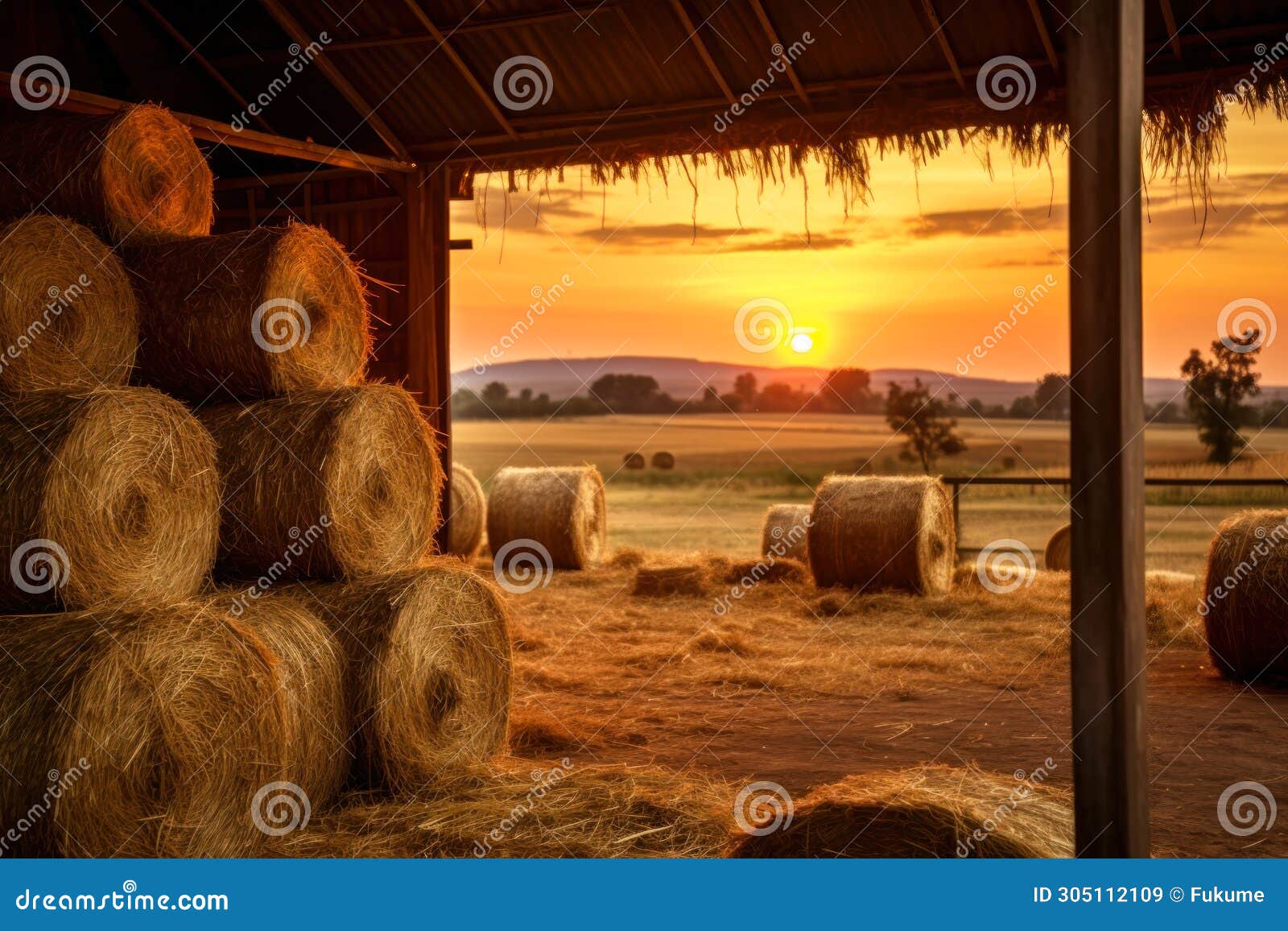 Making Hay for the Stables, Ranch at Sunset. Stock Image - Image of ...
