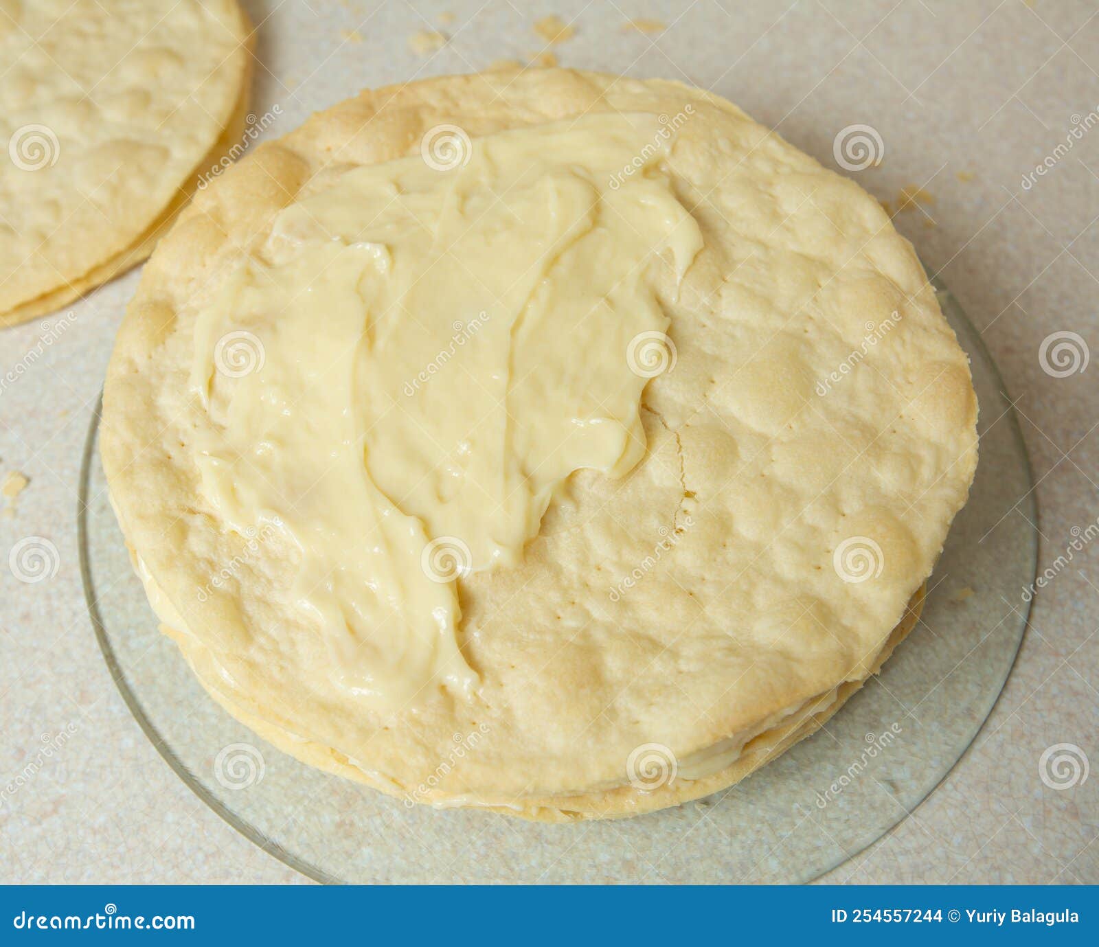 Making Homemade Napoleon Cake. the Cakes are Smeared with Cream Stock ...