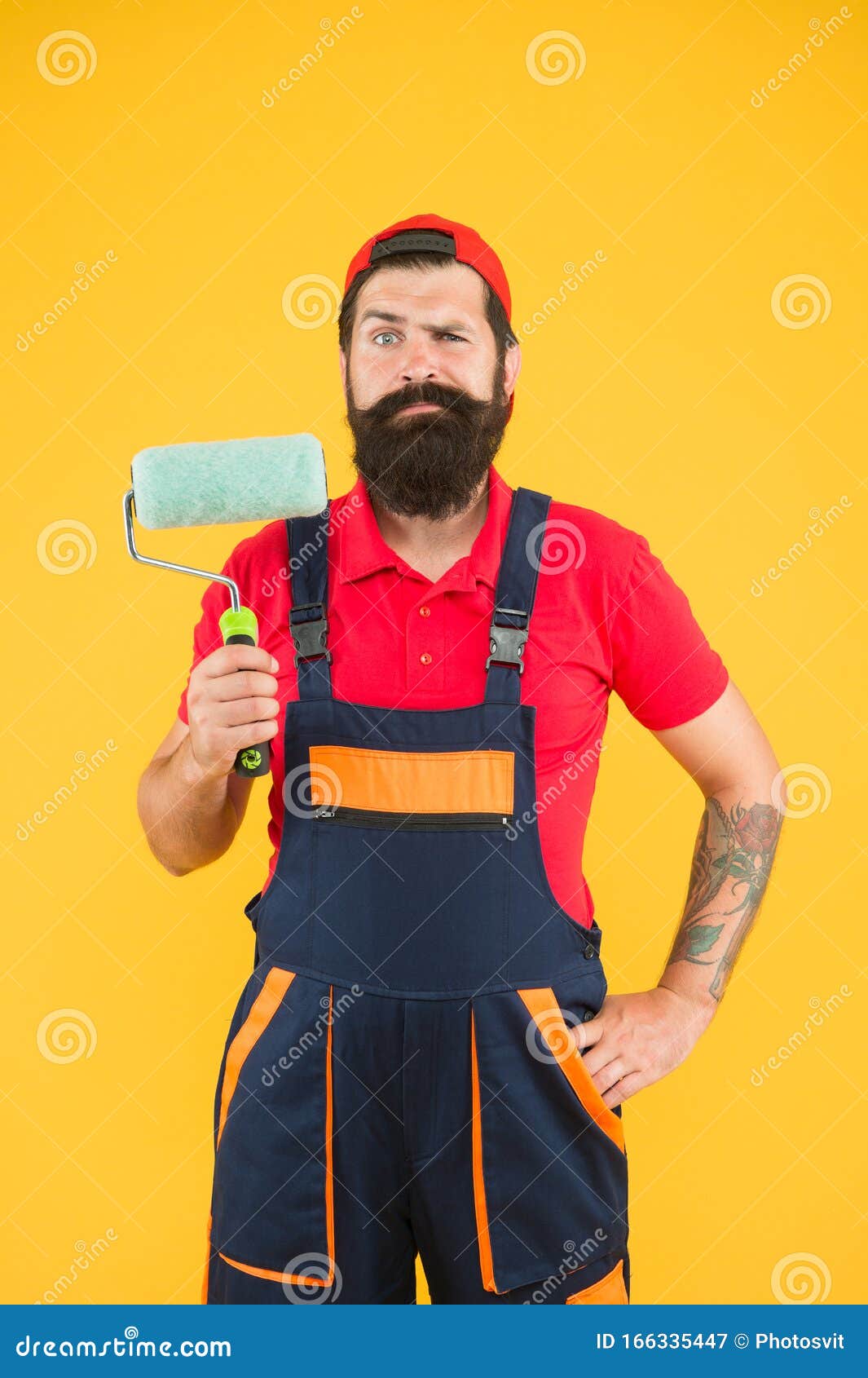 Making House Renovation. Hipster Builder in Cap Yellow Background ...
