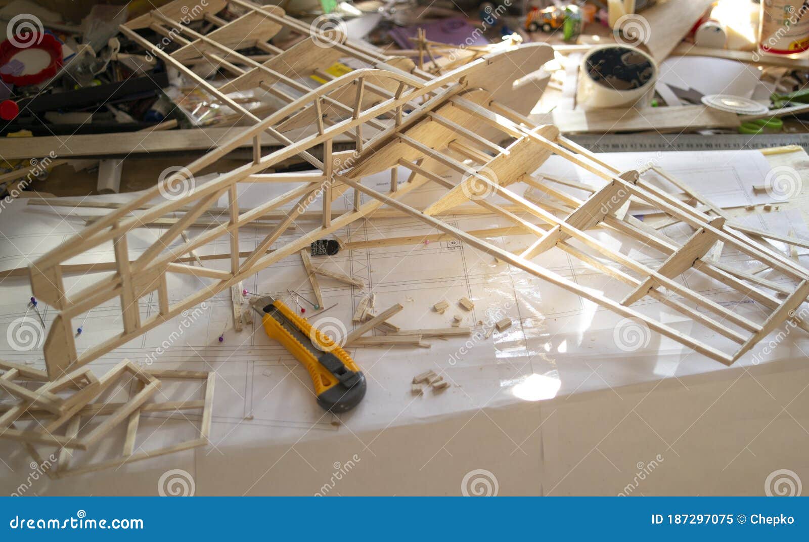 Making Model Airplane from Balsa Wood. Handcrafted on Work Table Stock ...