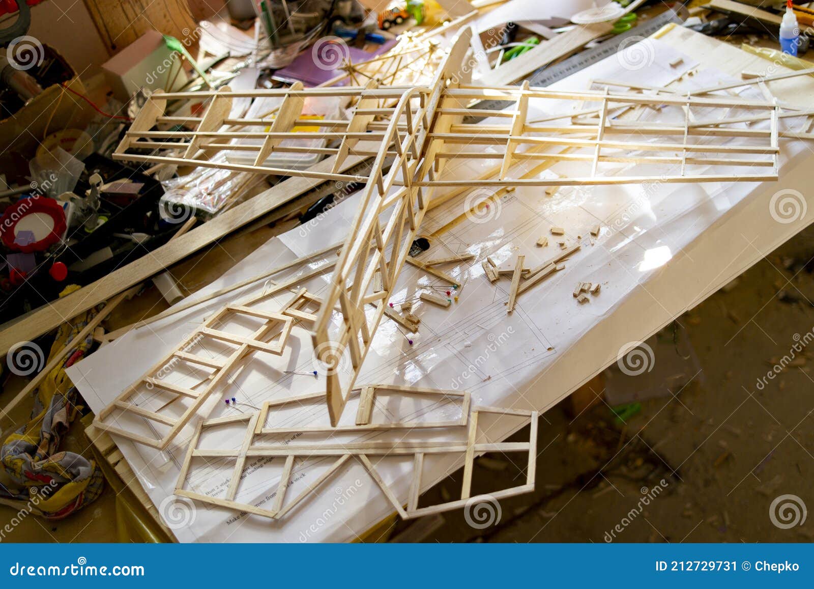 Making Model Airplane from Balsa Wood. Handcrafted on Work Table Stock ...