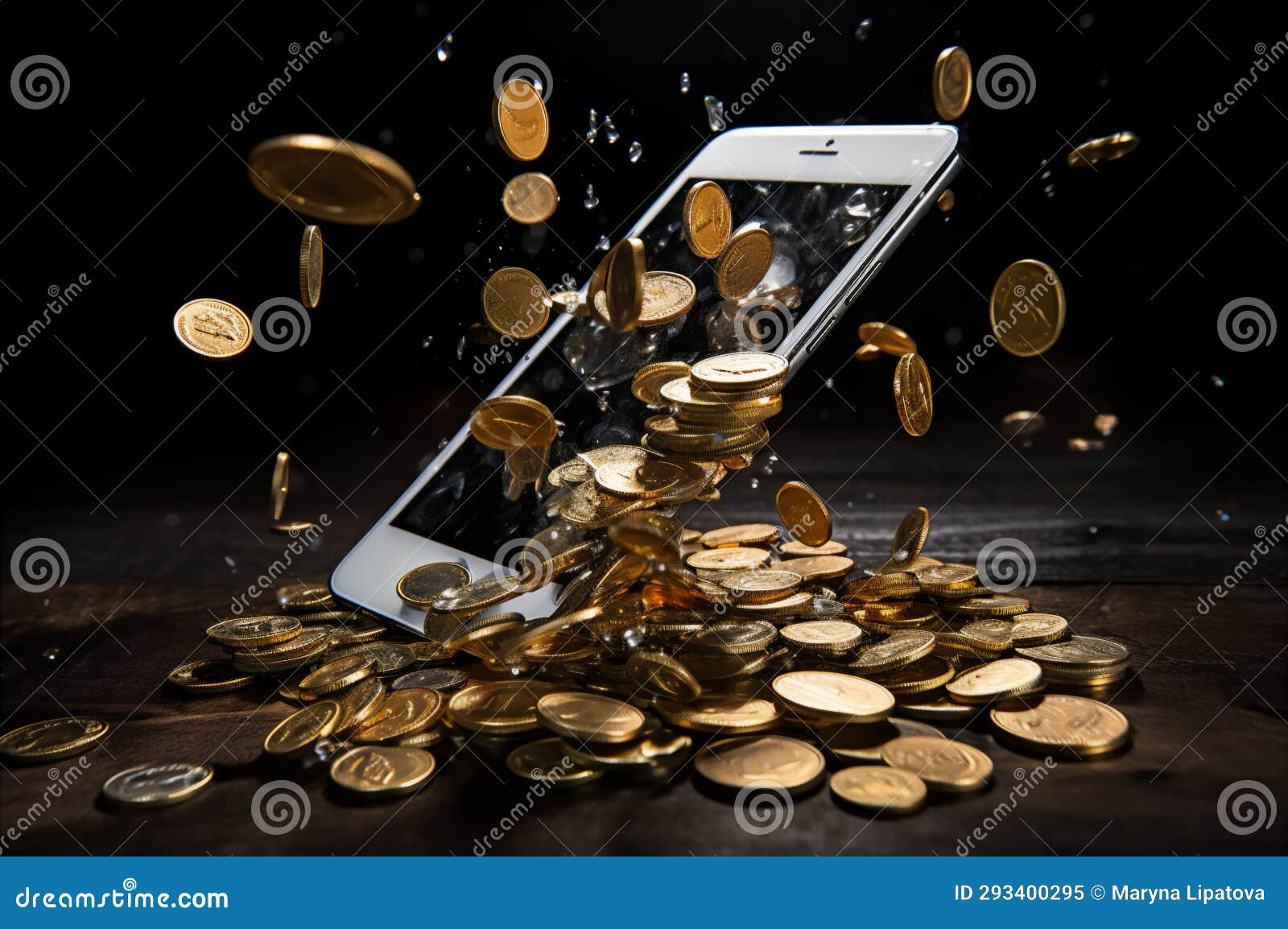Making Money on the Internet. Coins Spill Out of the Mobile Phone ...
