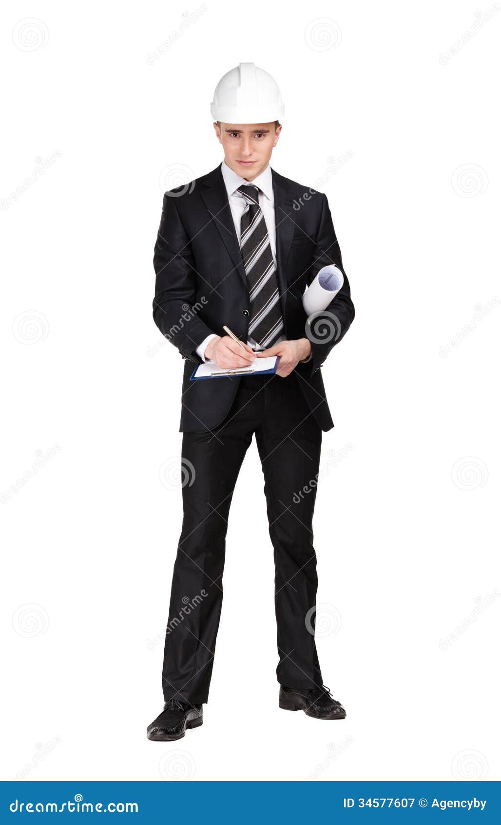 Making Notes Man in Helmet Handing Blueprint Stock Image - Image of ...