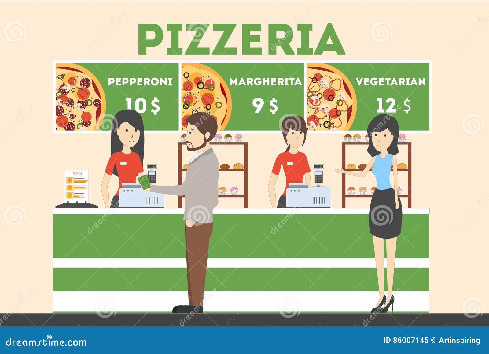 Making orders in pizzeria. stock vector. Illustration of cafe - 86007145