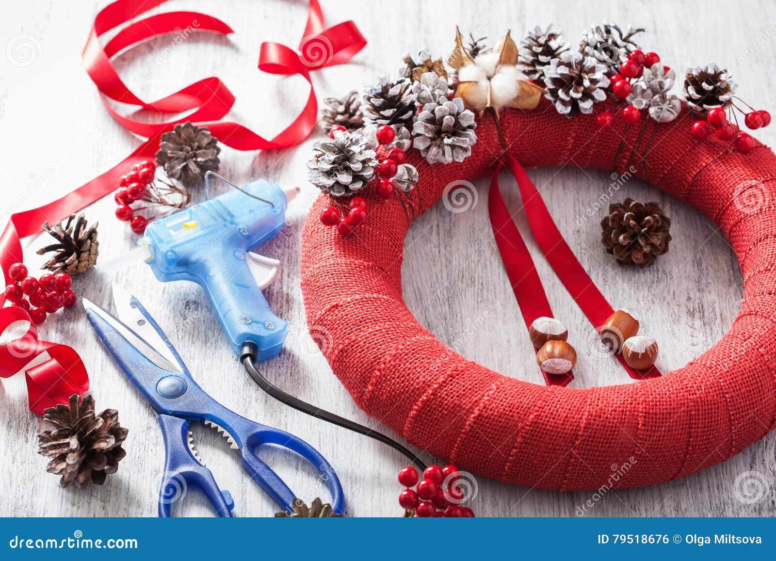 Making Red Christmas Wreath Decoration Diy Handmade Stock Photo - Image ...