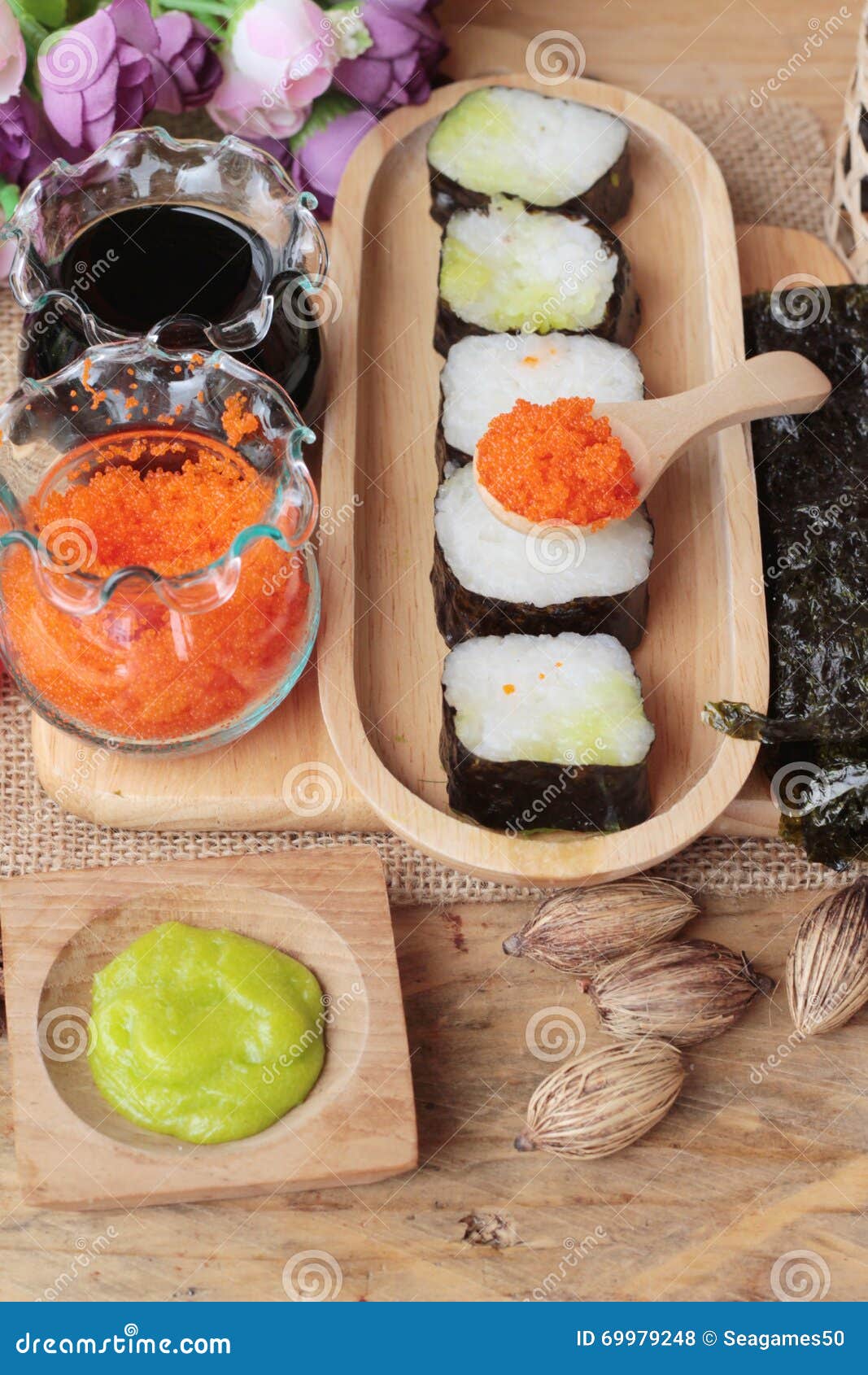 Making Sushi Roll with Shrimp Eggs Delicious. Stock Photo - Image of ...