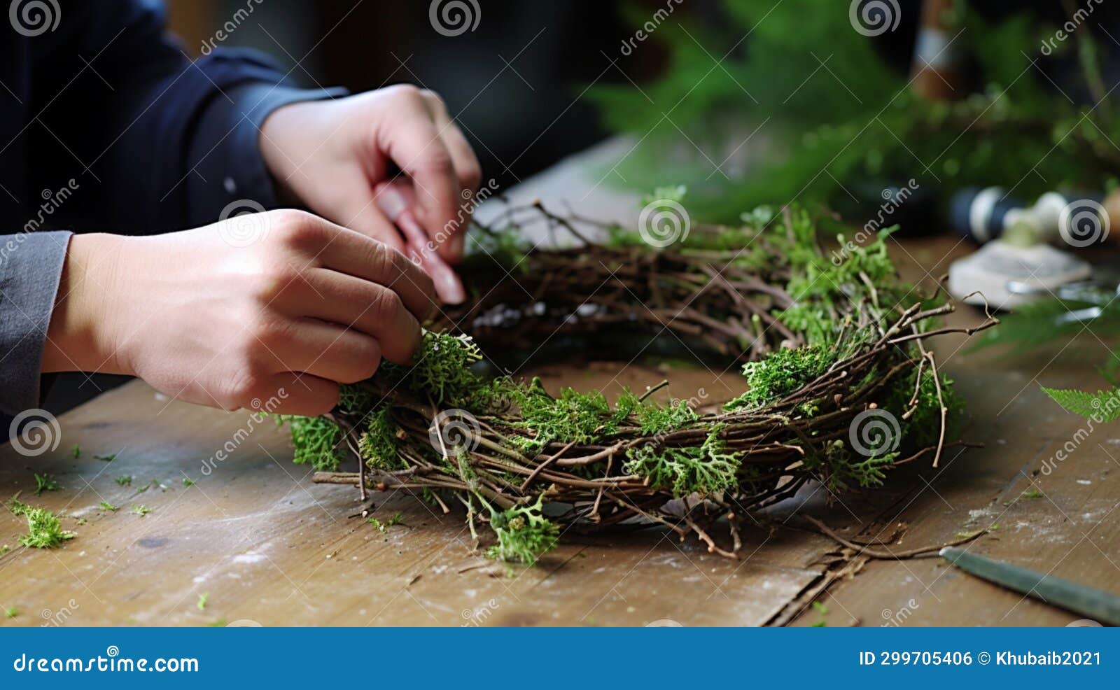 Making of Wreath with Wire- Thread and Spruce Twigs Stock Photo - Image ...