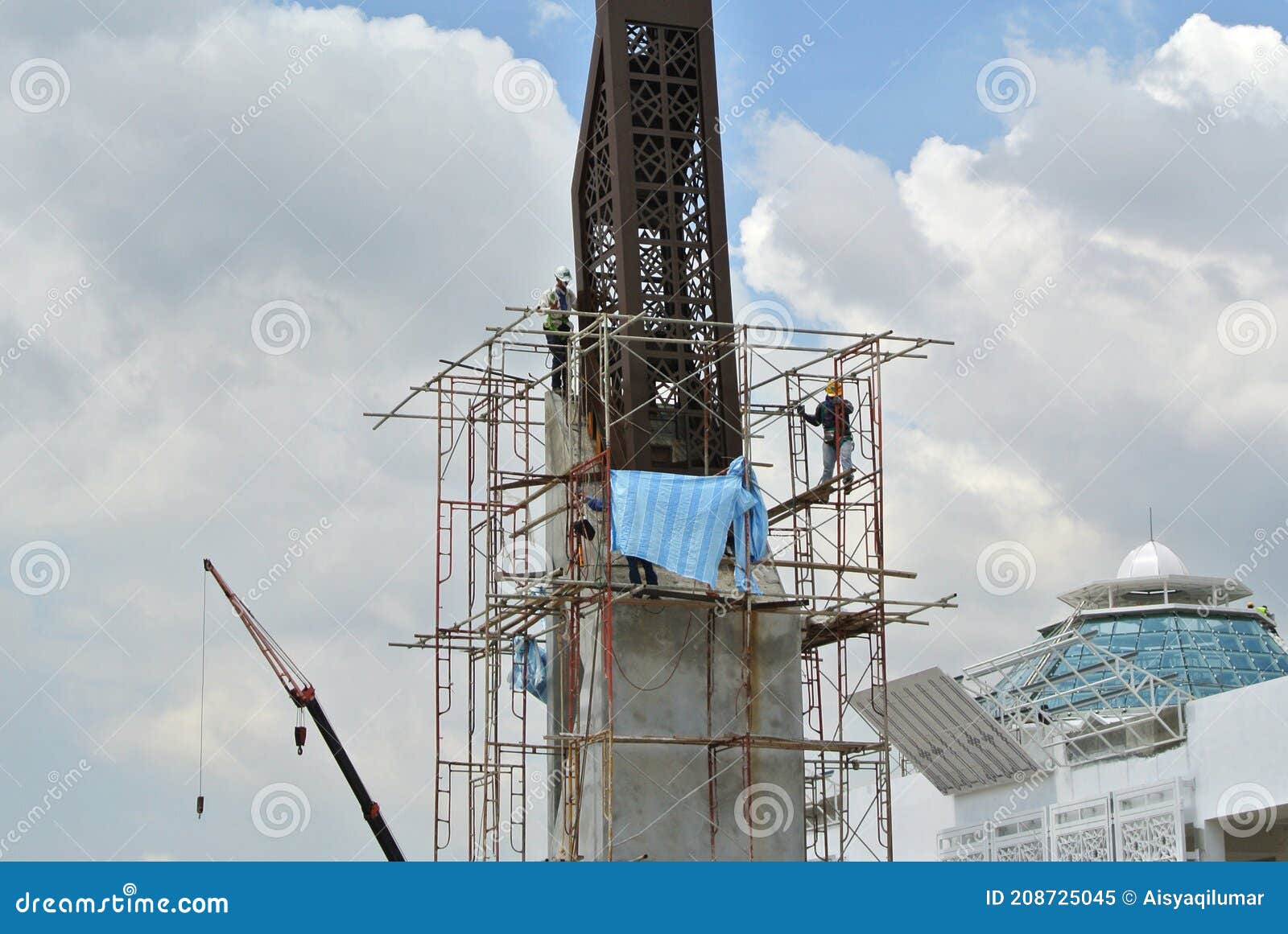 Construction Workers Working at Height Install Reinforcement Bars at ...