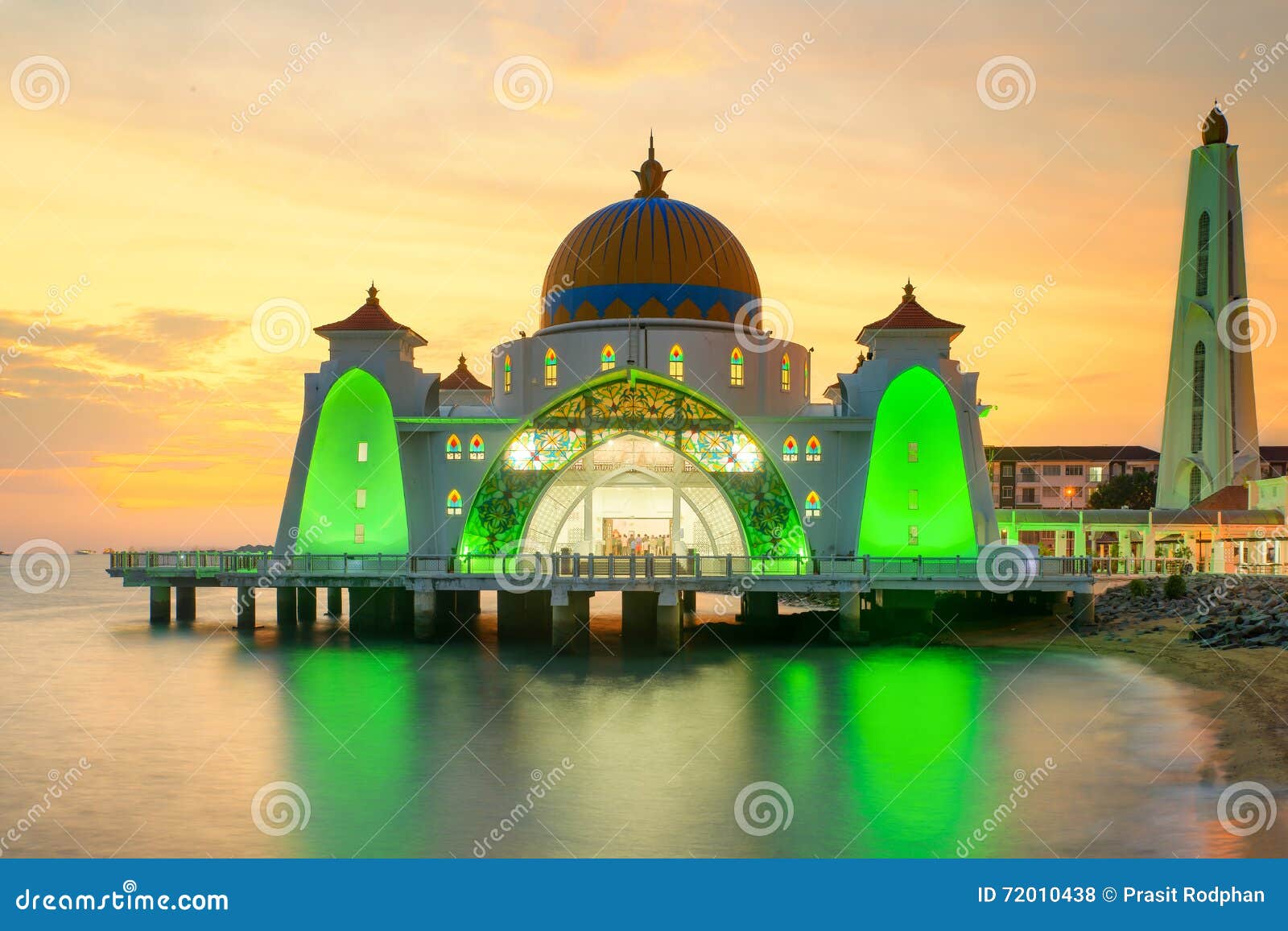 Malacca Straits Mosque, Malaysia at Sunset Stock Photo - Image of ...