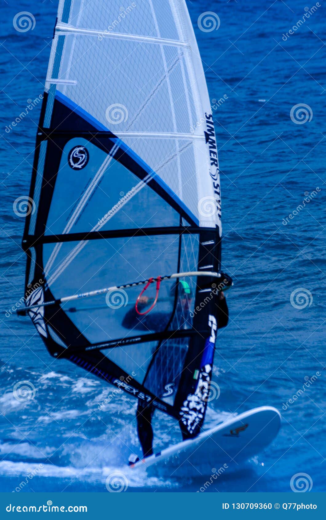 MALAGA, SPAIN - MAY 25, 2018 Windsurfer Practicing Active Water ...