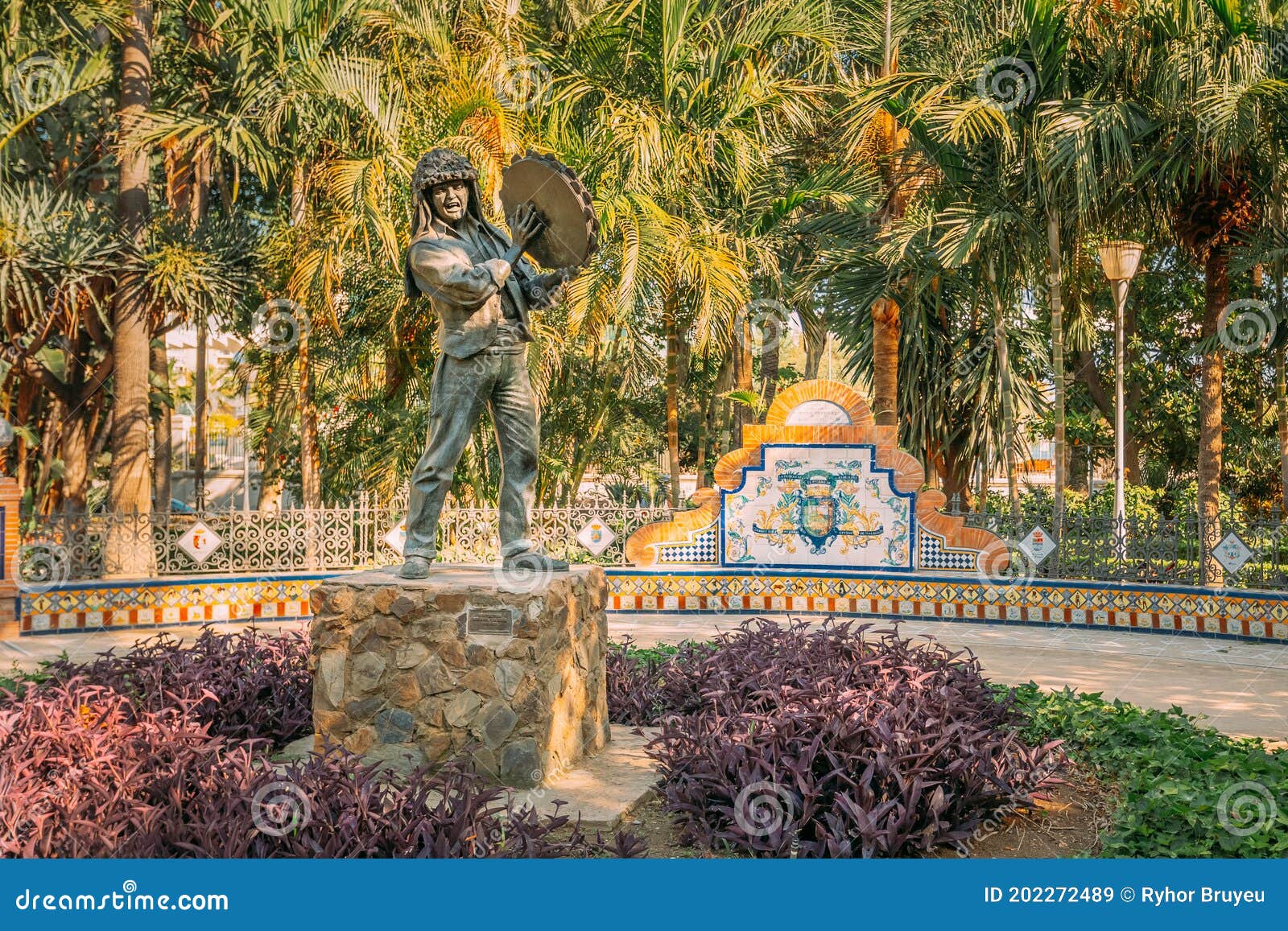 Malaga, Spain. Statue of Gypsy Dancer Playing Tambourine in Malaga ...
