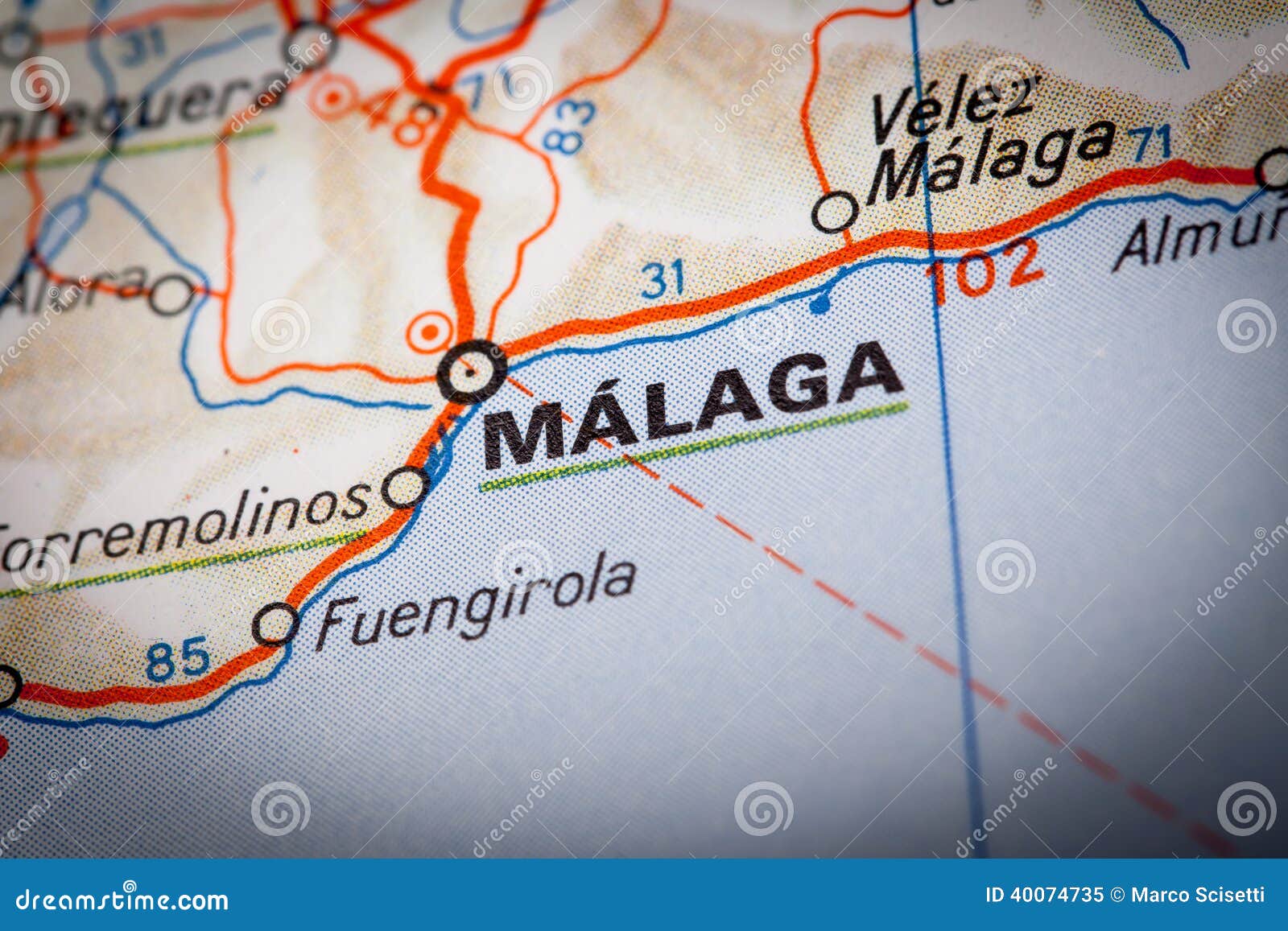 Malaga Sur Une Carte De Route Image stock - Image du allégement ...