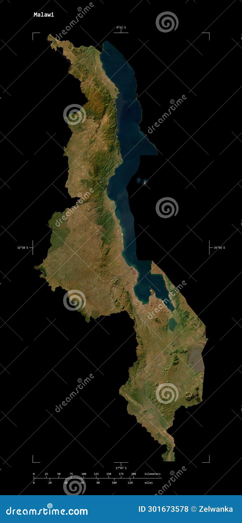 Malawi Shape on Black. Low-res Satellite Stock Illustration ...