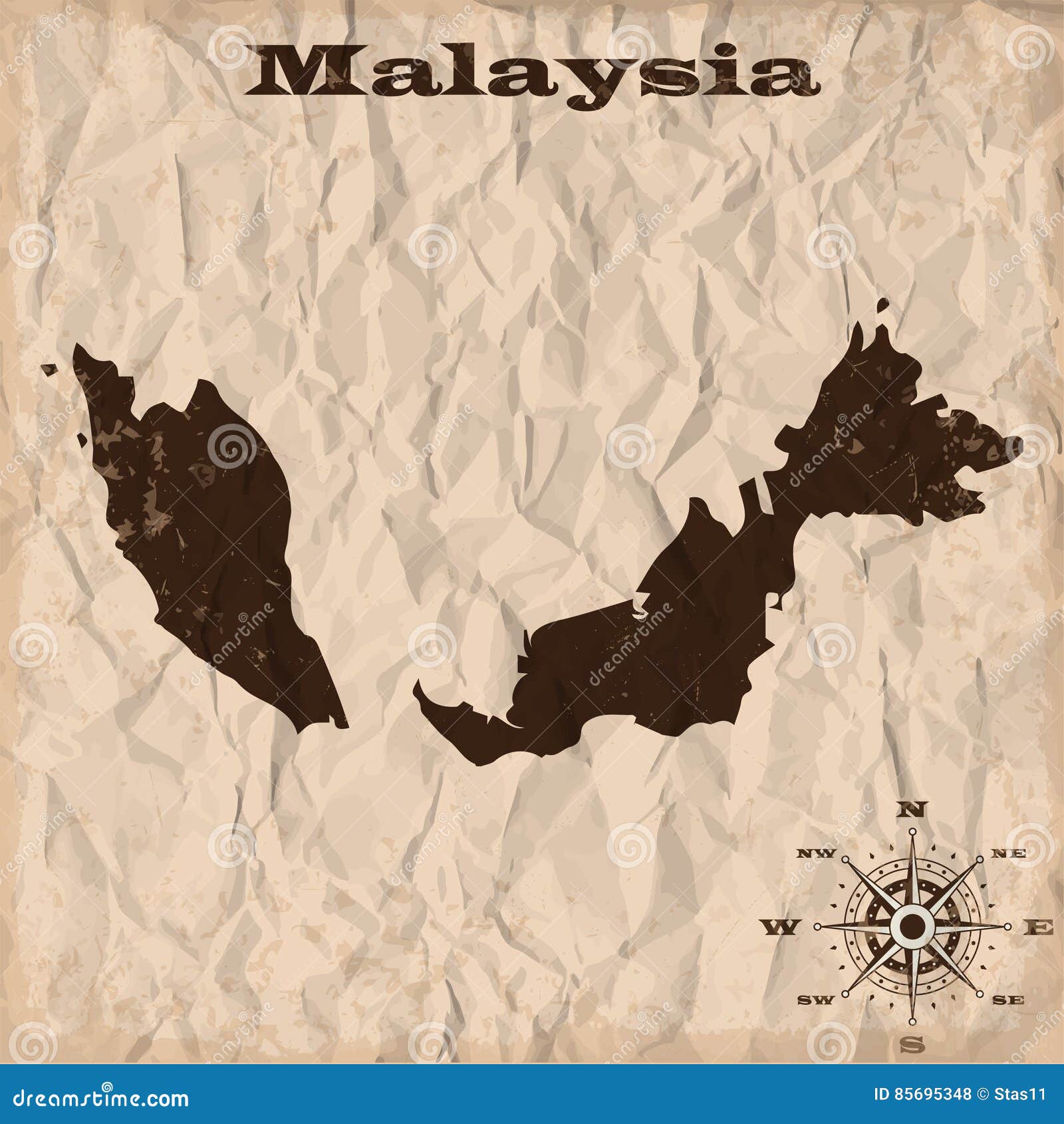 Malaysia Old Map With Grunge And Crumpled Paper. Vector Illustration ...