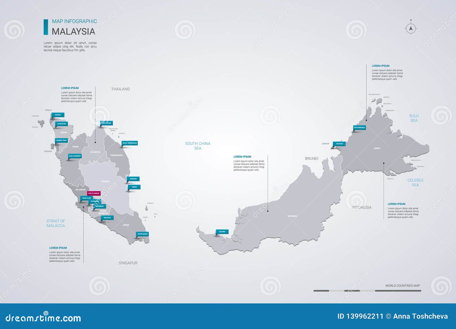 Malaysia Vector Map with Infographic Elements, Pointer Marks Stock ...