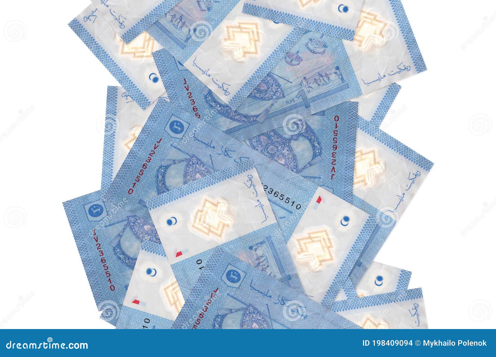 1 Malaysian Ringgit Bills Flying Down Isolated on White. Many Banknotes ...