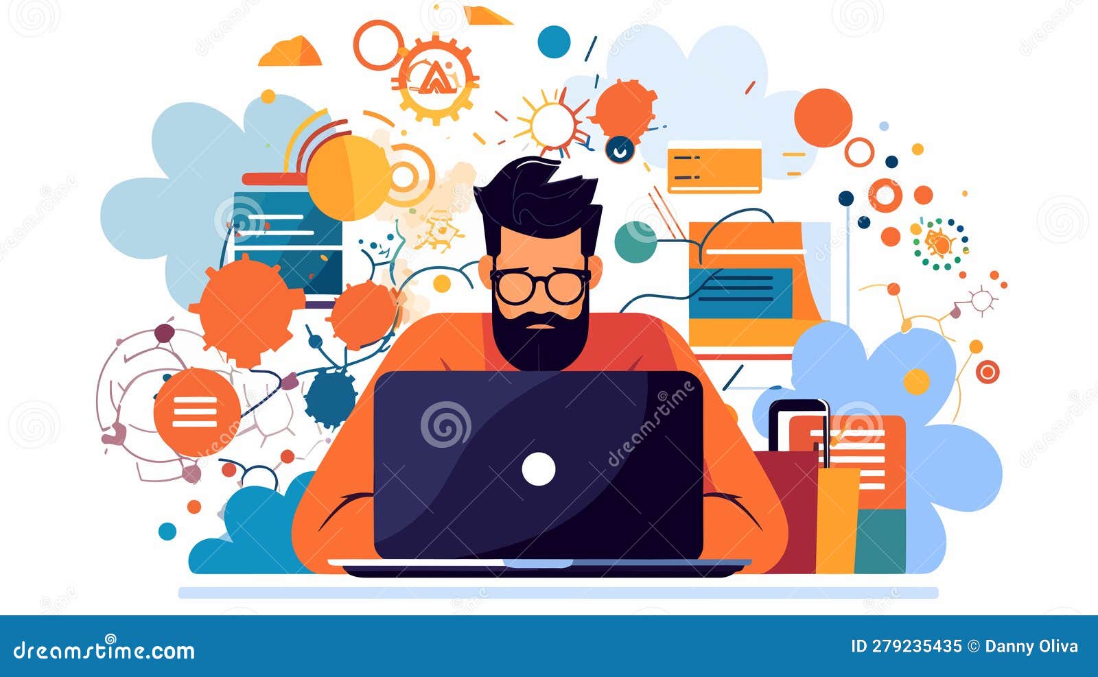 Tech Tension: the Struggles of a Stressed Working Man Stock Vector ...