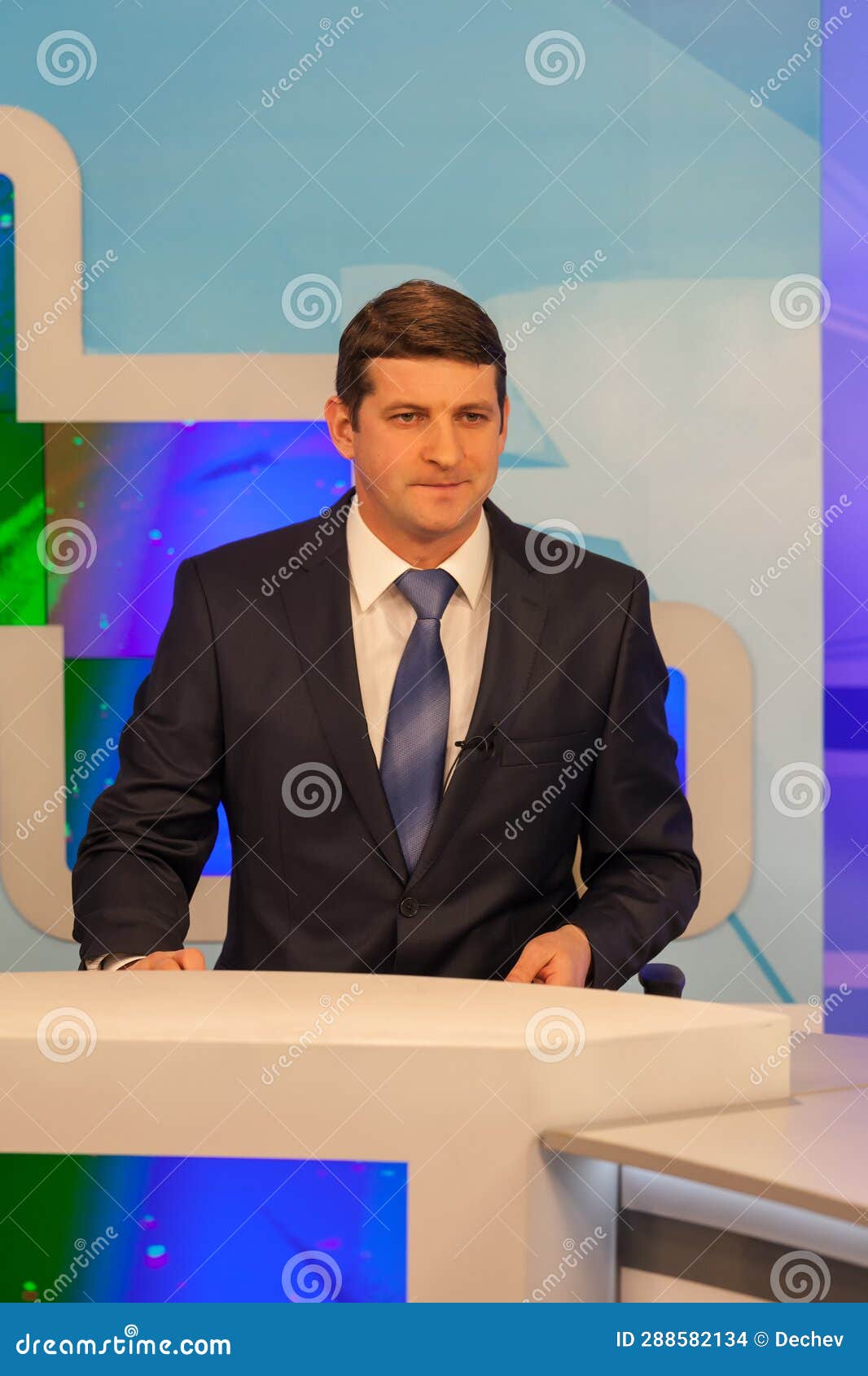 Male Anchorman in Tv Studio. Live Broadcasting Stock Photo - Image of ...