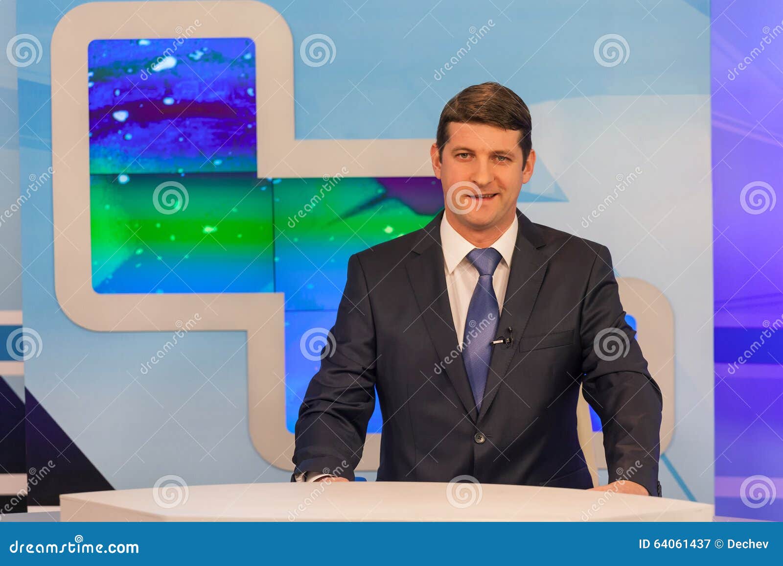 Male Anchorman in Tv Studio. Live Broadcasting Stock Image - Image of ...