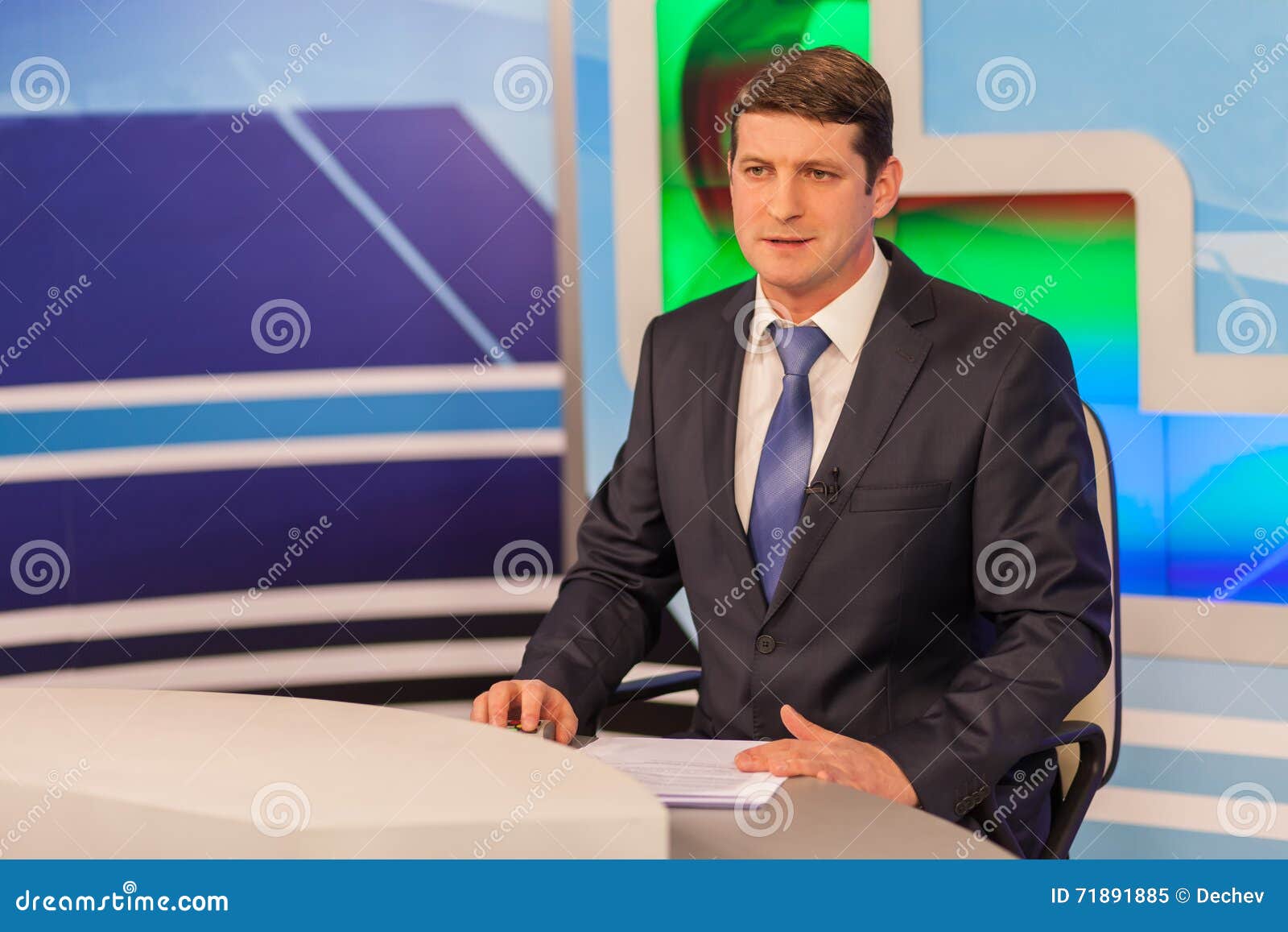 Male Anchorman in Tv Studio. Live Broadcasting Stock Image - Image of ...