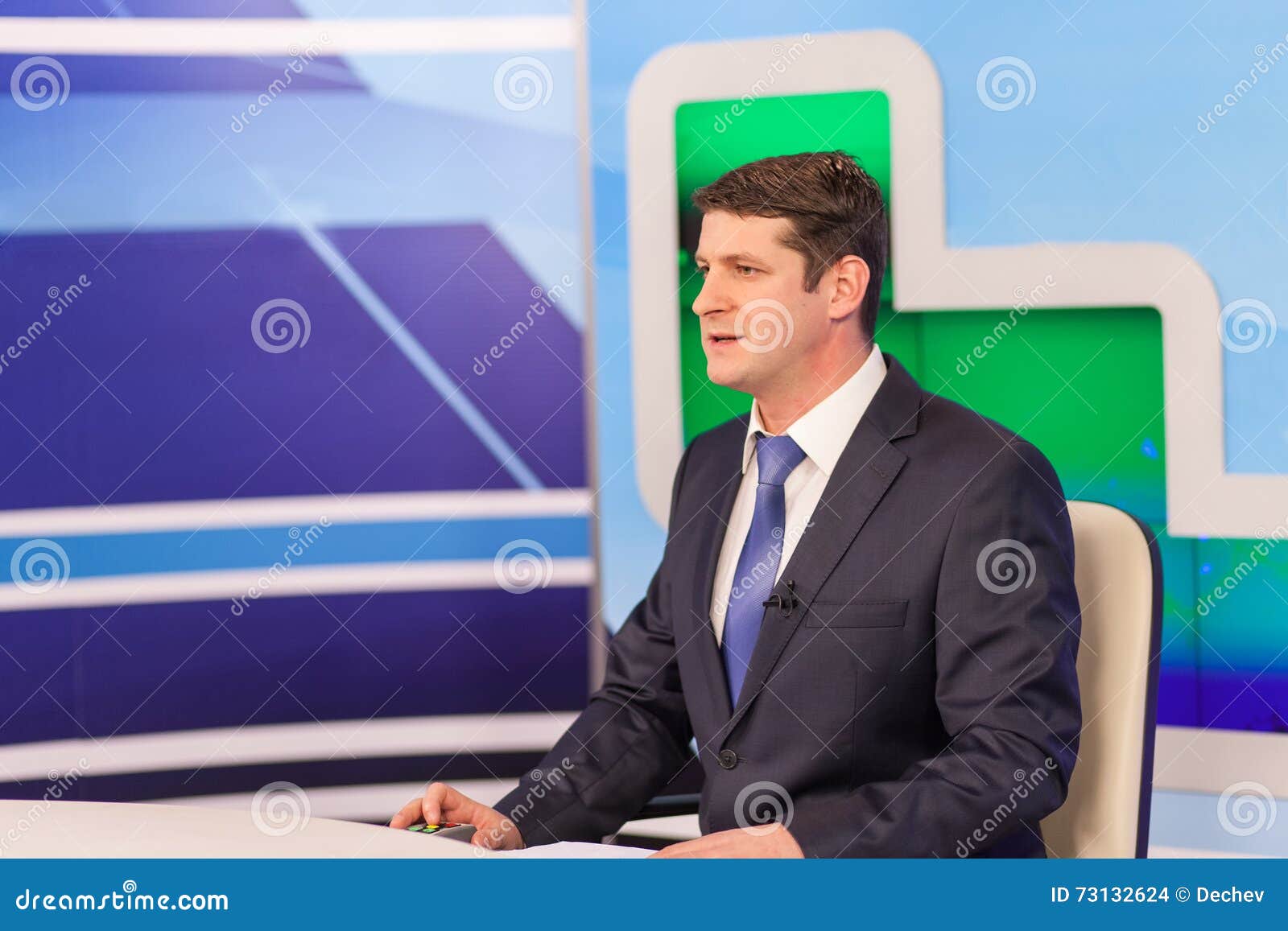 Male Anchorman in Tv Studio. Live Broadcasting Stock Photo - Image of ...