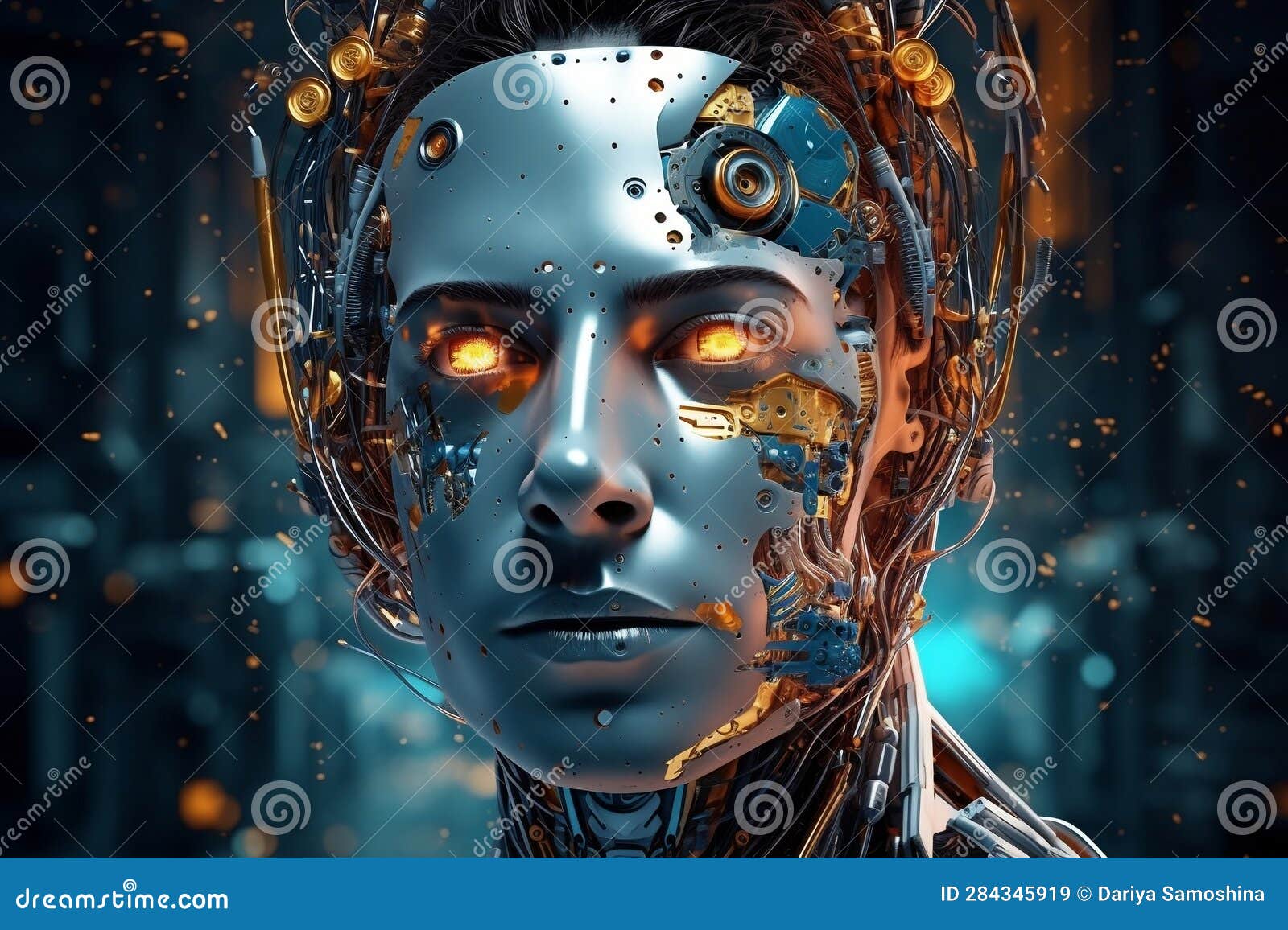 Male Android Face. Artificial Intelligence Concept. Futuristic Robot ...