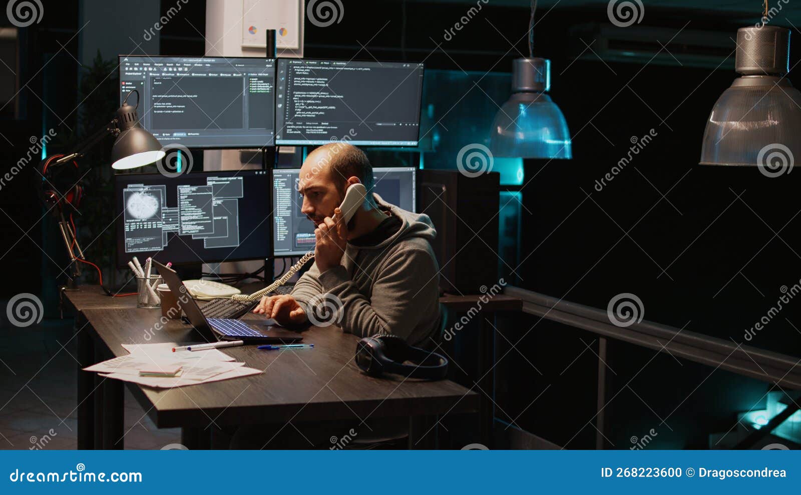 Male App Developer Answering Landline Phone Call Late at Night Stock ...