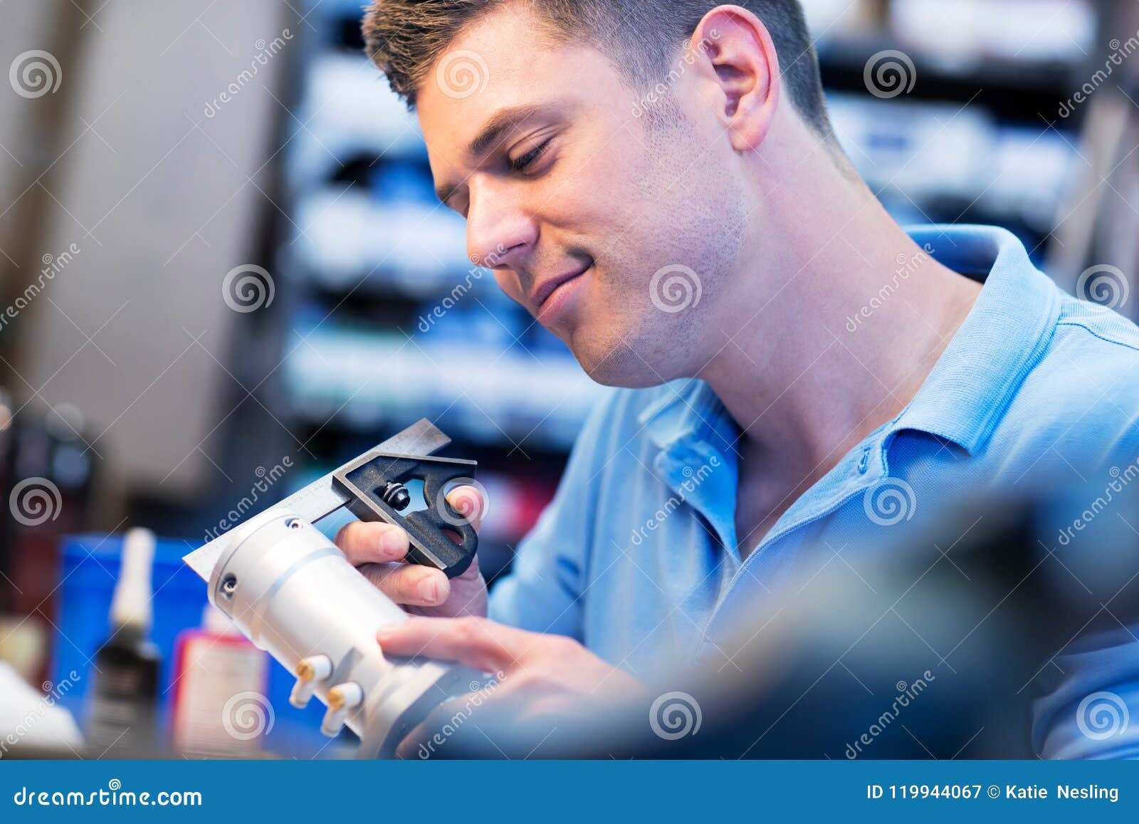 Male Apprentice Measuring Component in Factory Stock Image - Image of ...