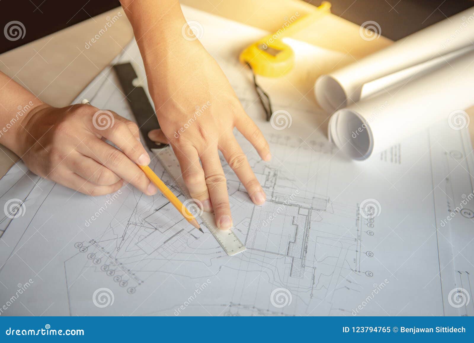 Male Architect Hand Sketching on Architectural Drawing Stock Image ...
