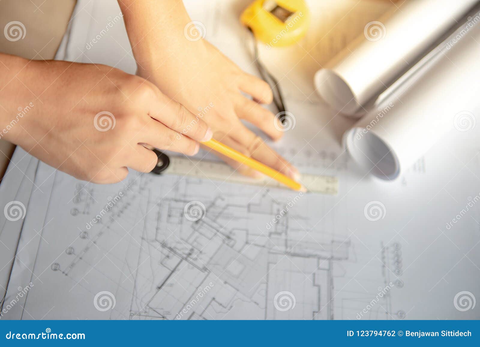 Male Architect Hand Sketching on Architectural Drawing Stock Photo ...