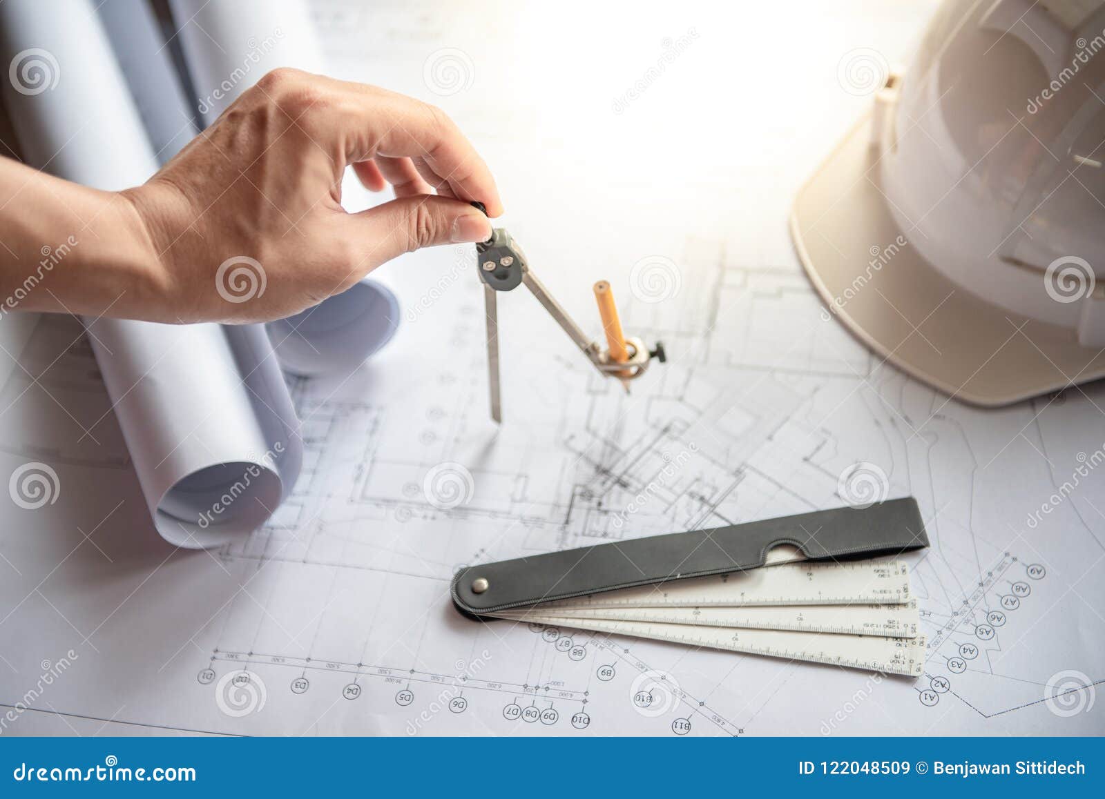 Male Architect Hand Sketching on Architectural Drawing Stock Image ...