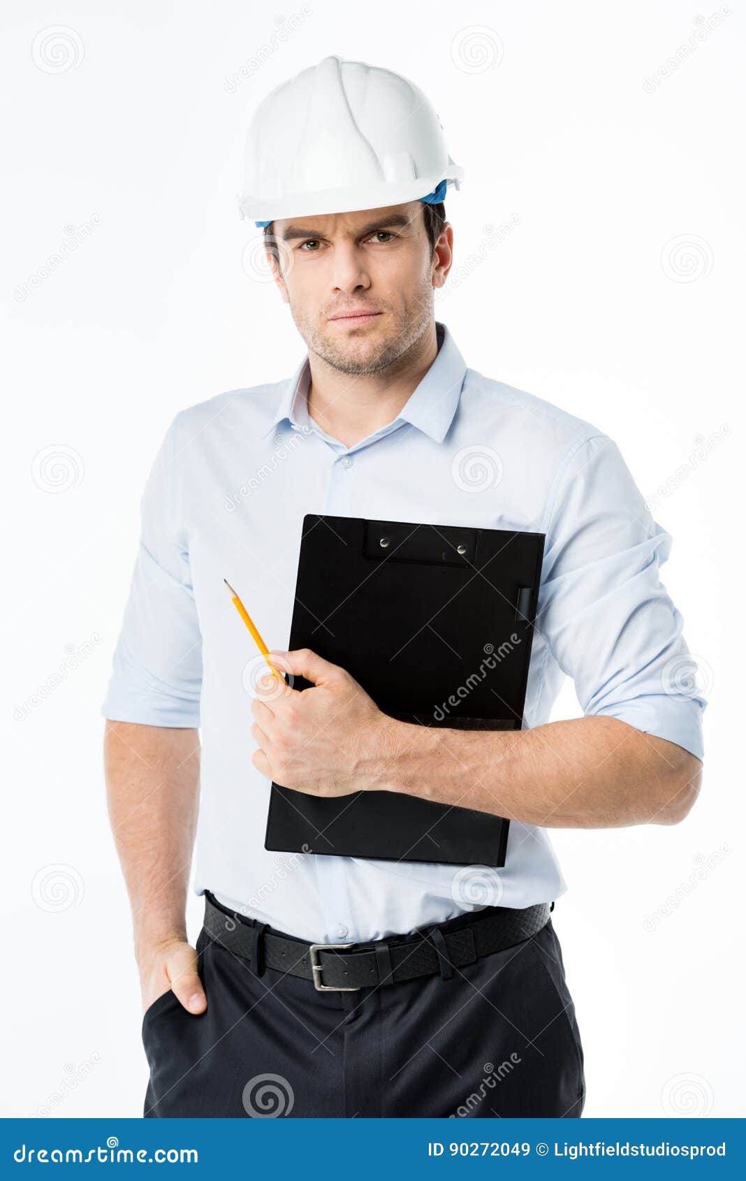 Male architect in hard hat stock image. Image of clipboard - 90272049