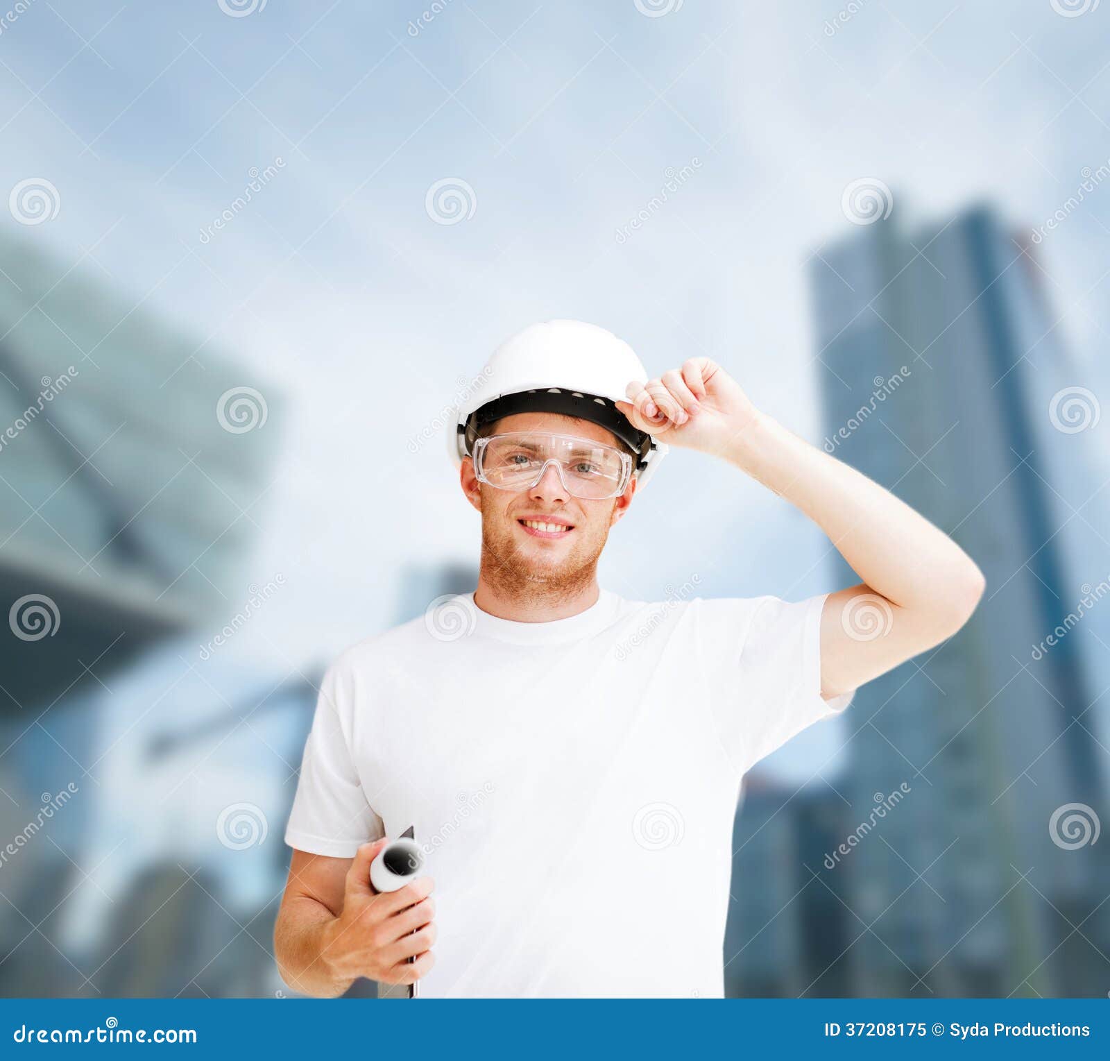 Male Architect in Helmet with Blueprint Stock Image - Image of ...