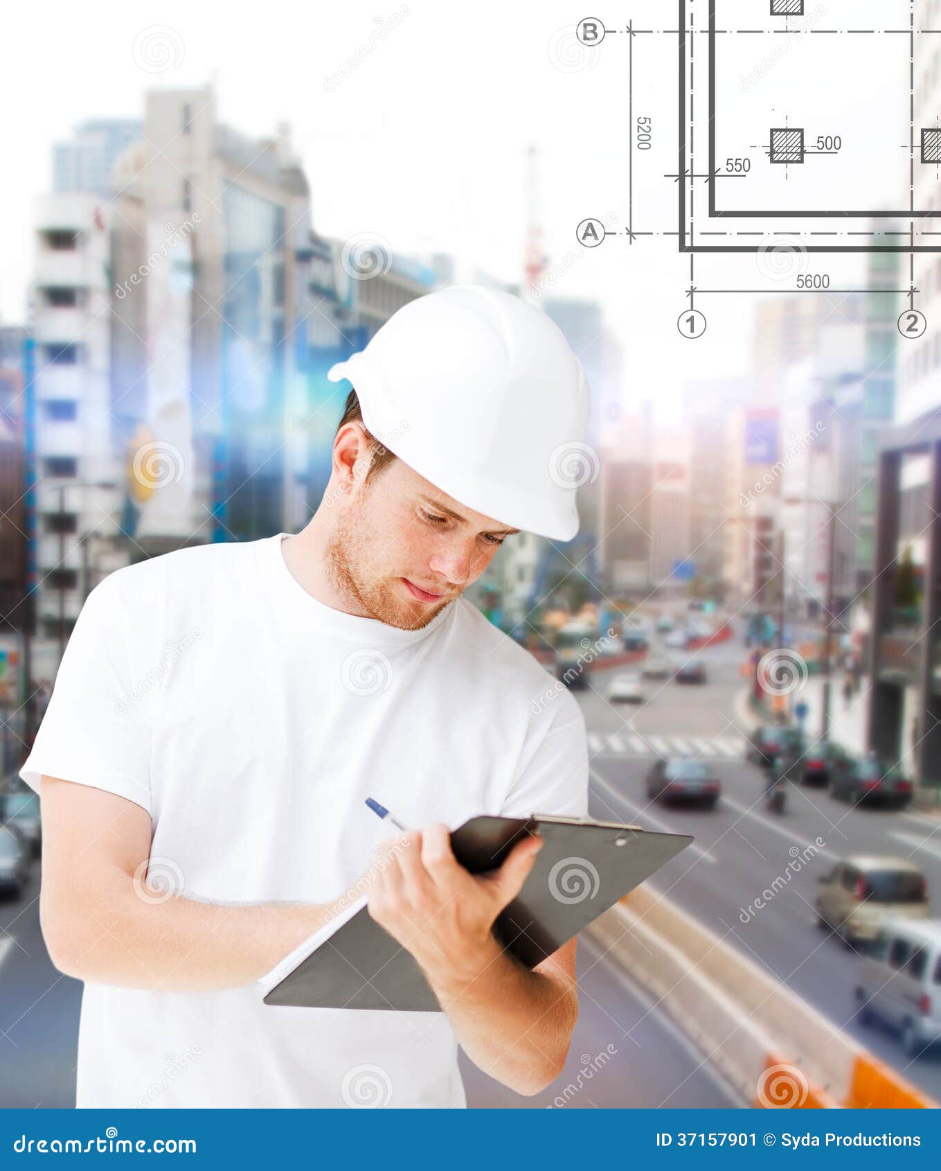 Male Architect Looking at Blueprint Stock Image - Image of contractor ...