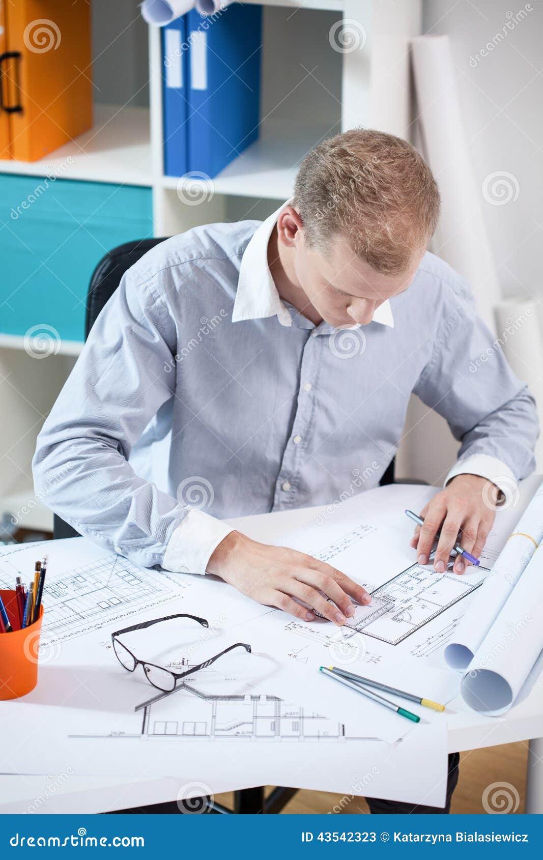 Male Architect Making a Project Stock Image - Image of plan, handsome ...