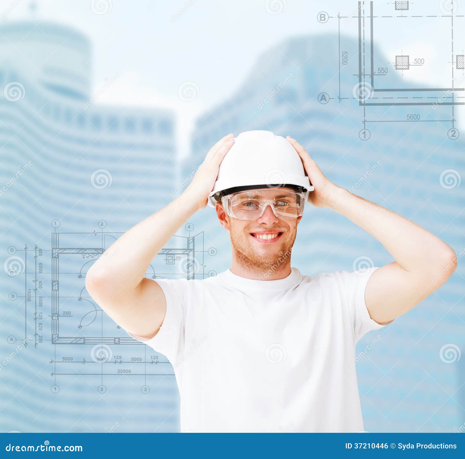 Male Architect in White Helmet with Safety Glasses Stock Photo - Image ...
