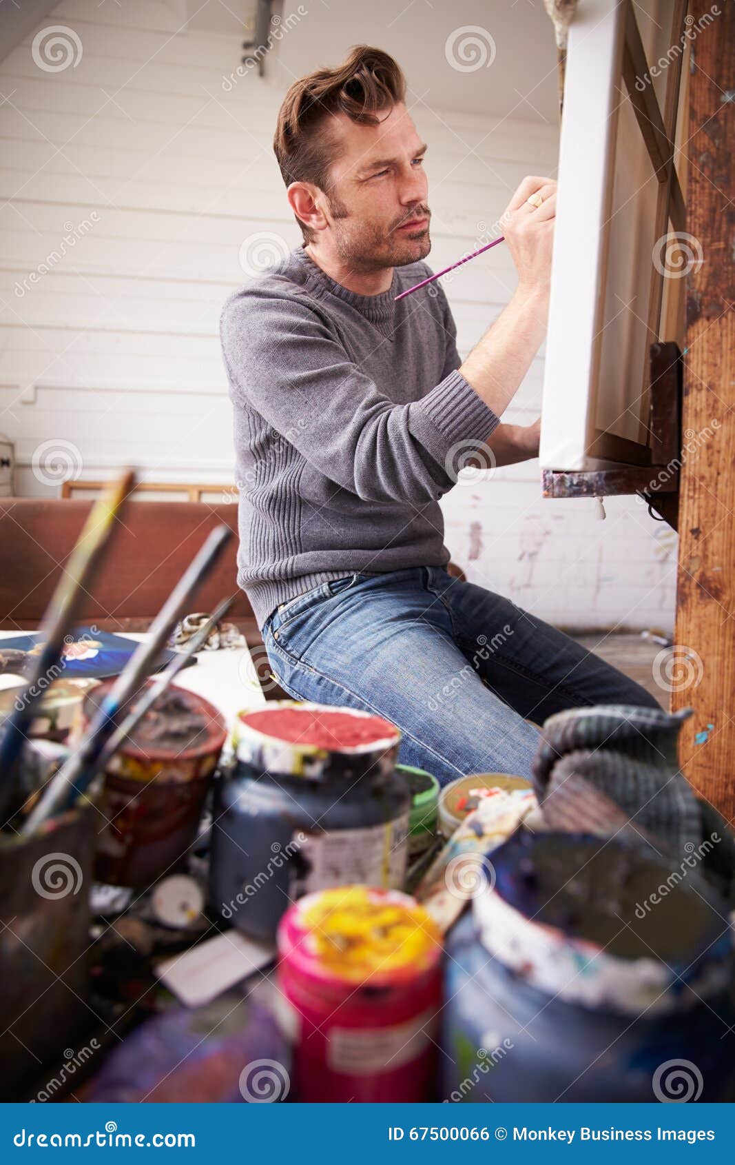 Male Artist Working on Painting in Studio Stock Photo - Image of hobby ...