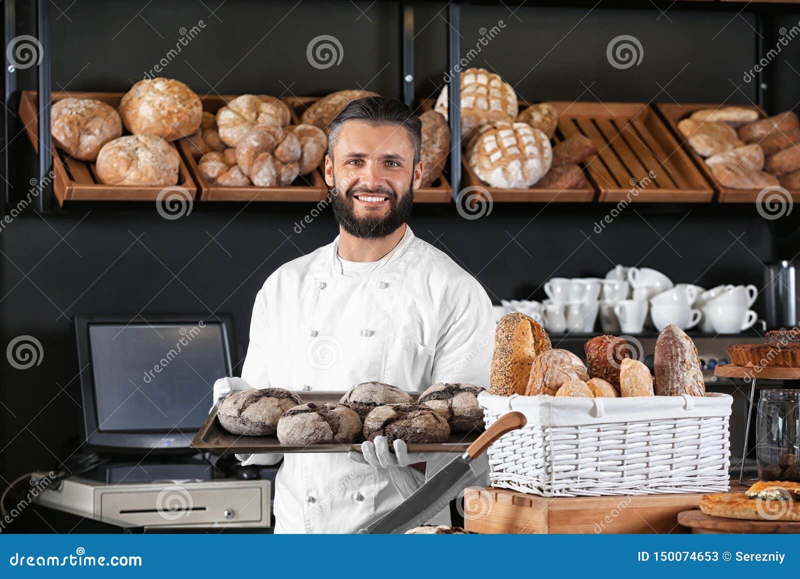 Male Baker Holding Tray with Fresh Bread in Shop Stock Image - Image of ...