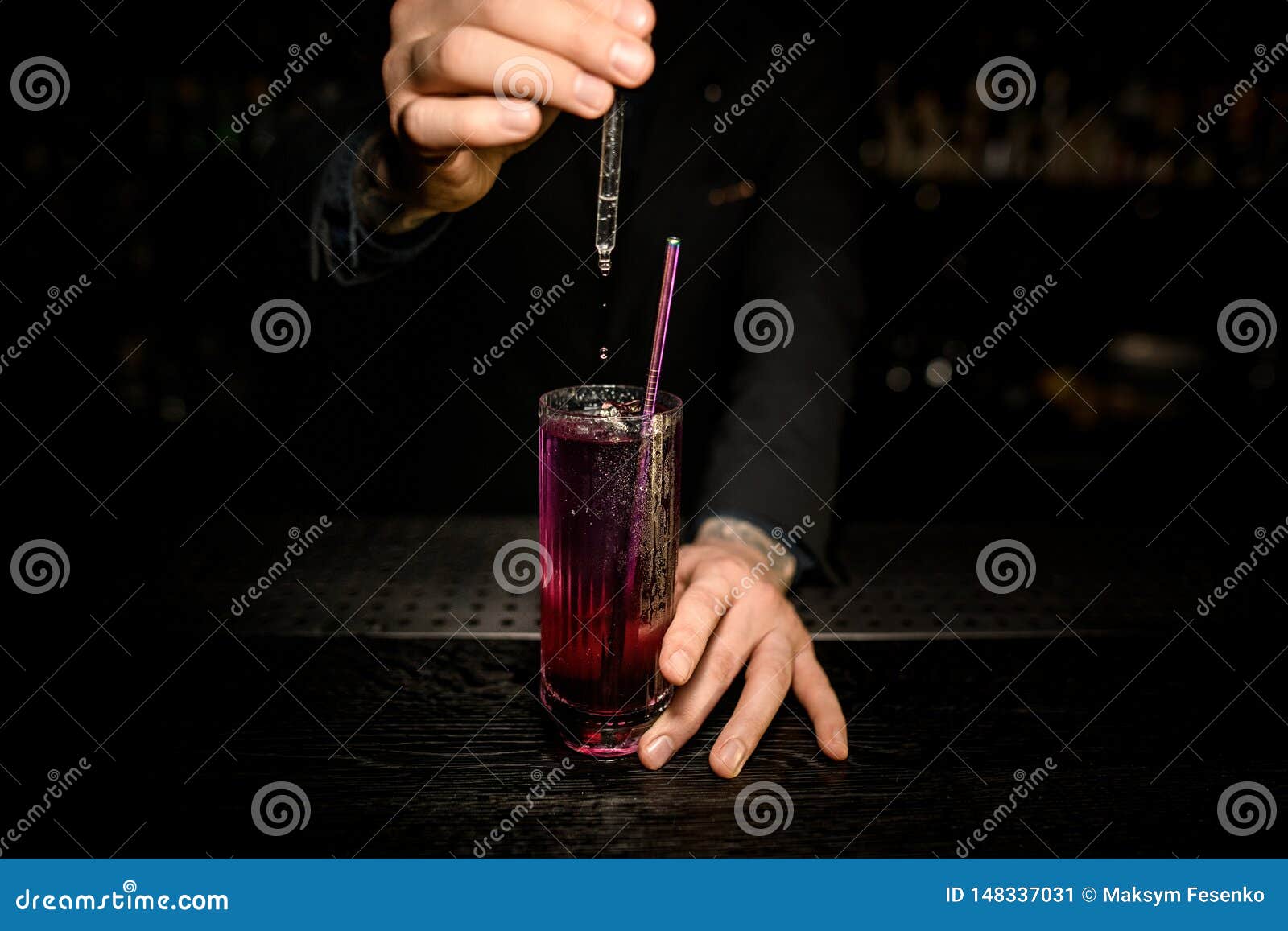 Male Bartender Finishing a Cocktail with Dropper Stock Image - Image of ...