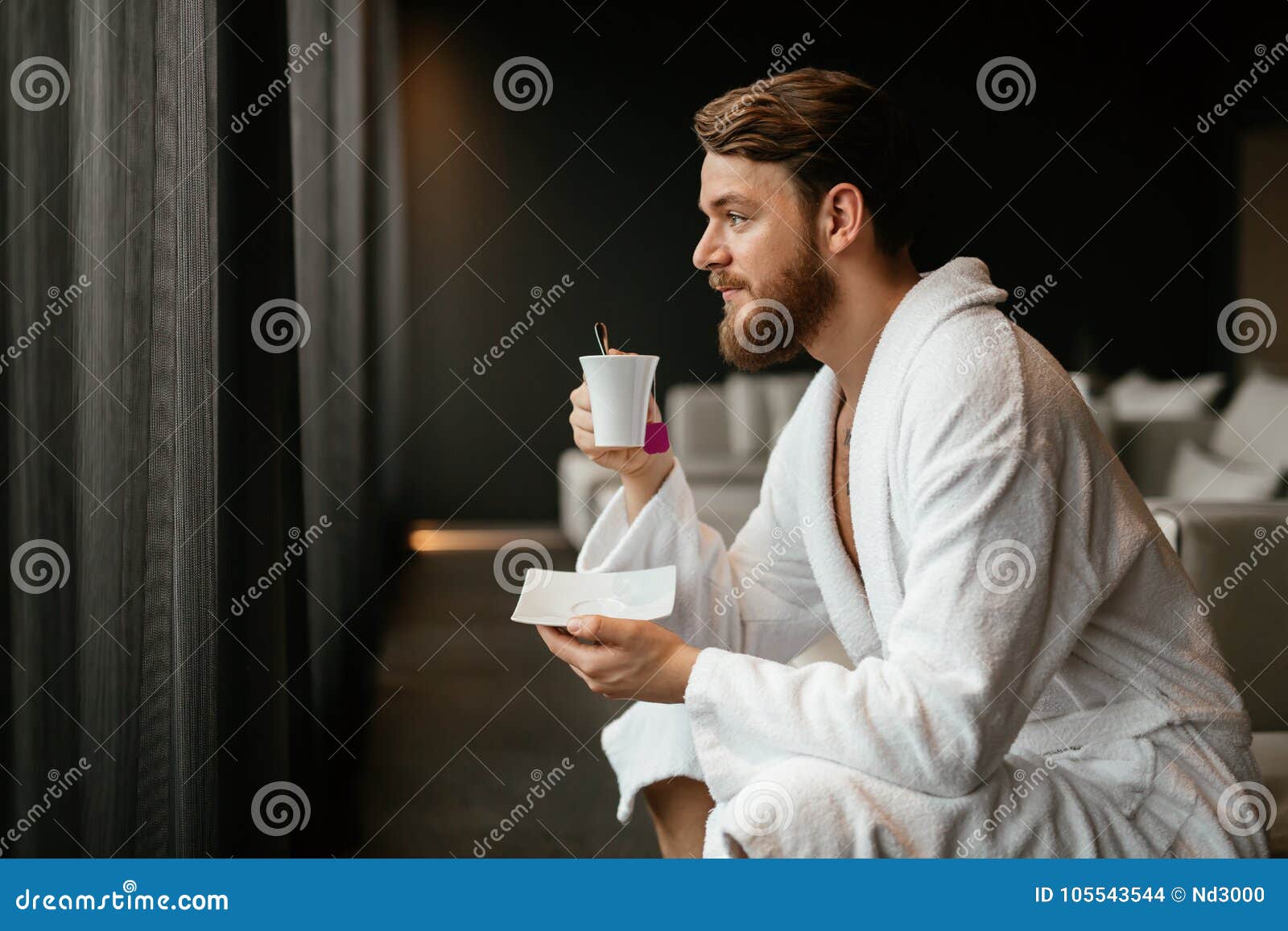 Male Relaxing while Drinking Tea Stock Photo - Image of morning, people ...