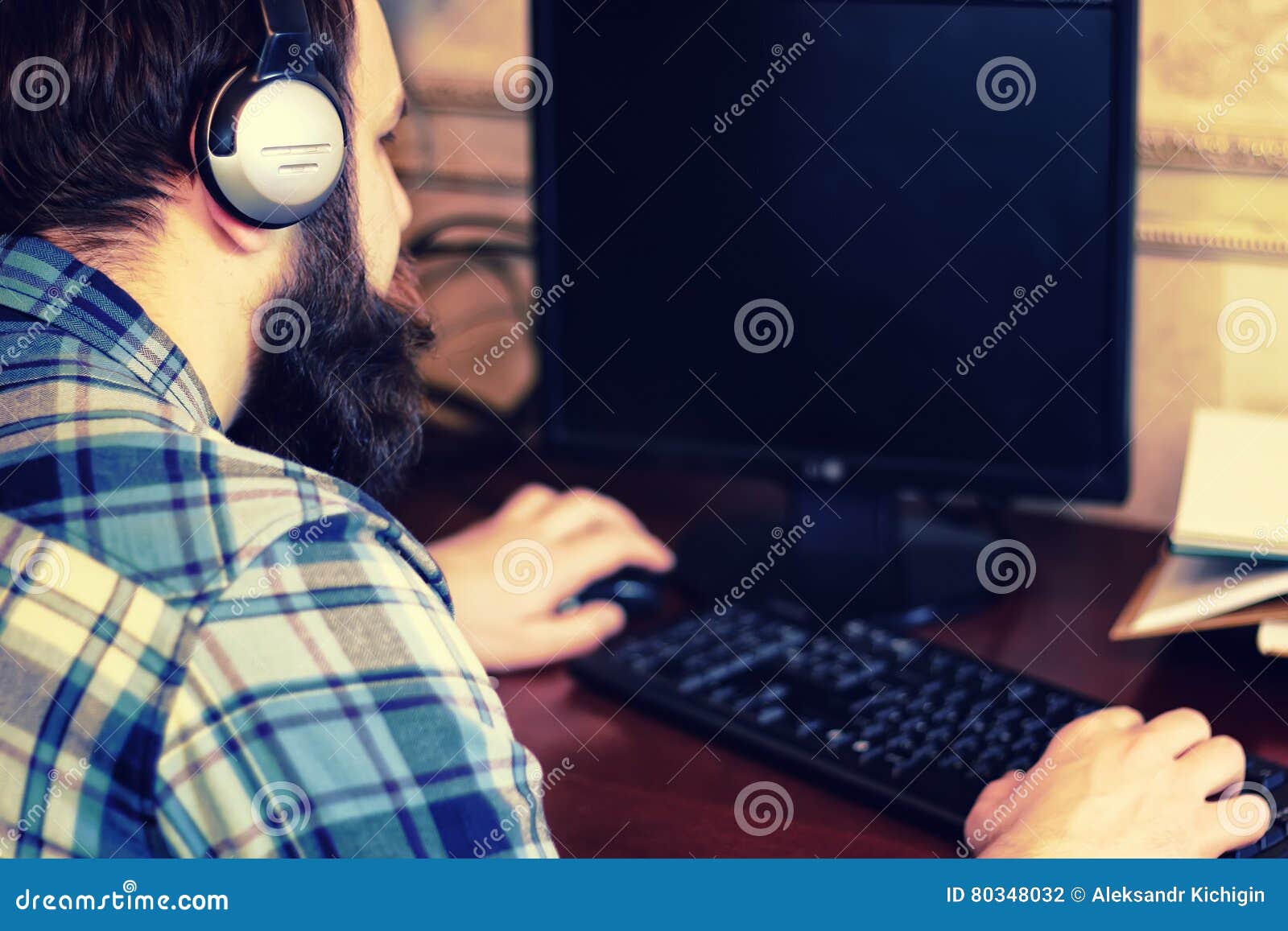 Male Behind Computer with Headphones Stock Photo - Image of office ...