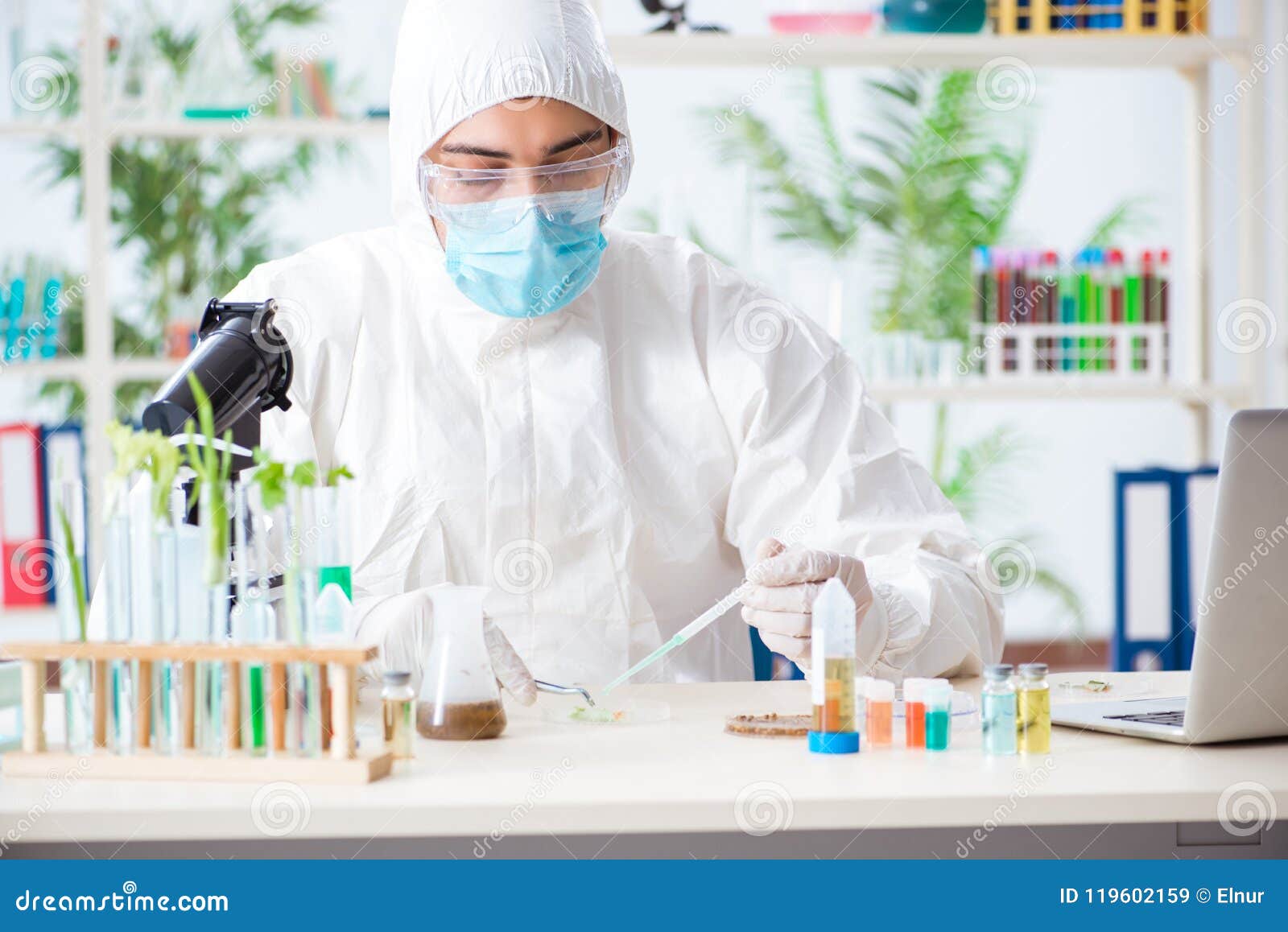 The Male Biochemist Working in the Lab on Plants Stock Image - Image of ...