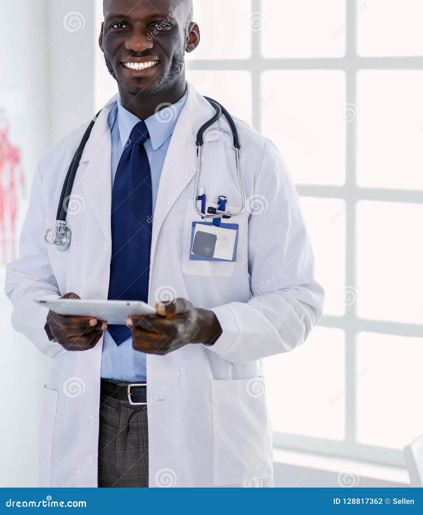 Male Black Doctor Worker with Tablet Computer Standing in Hospital ...