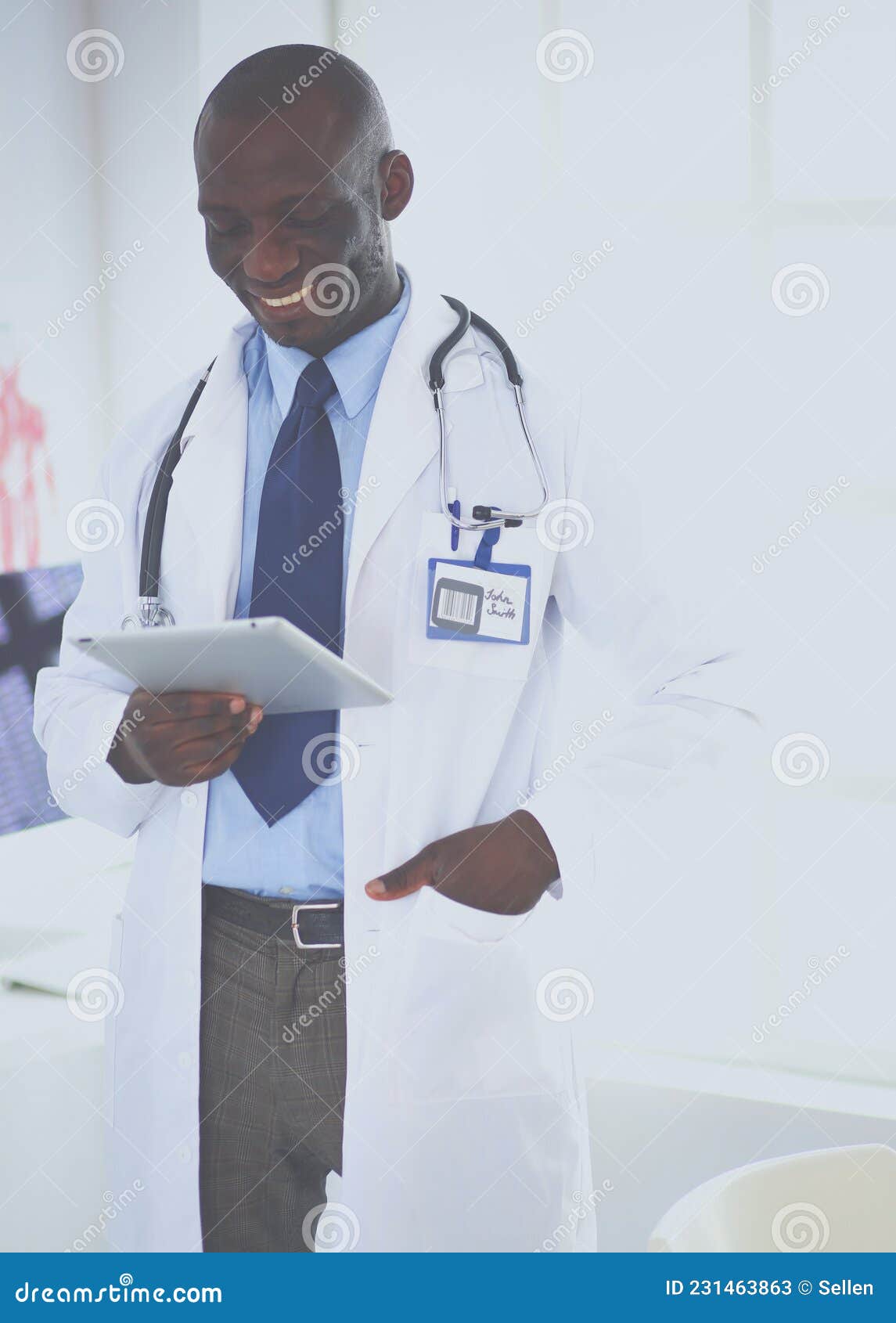 Male Black Doctor Worker with Tablet Computer Standing in Hospital ...