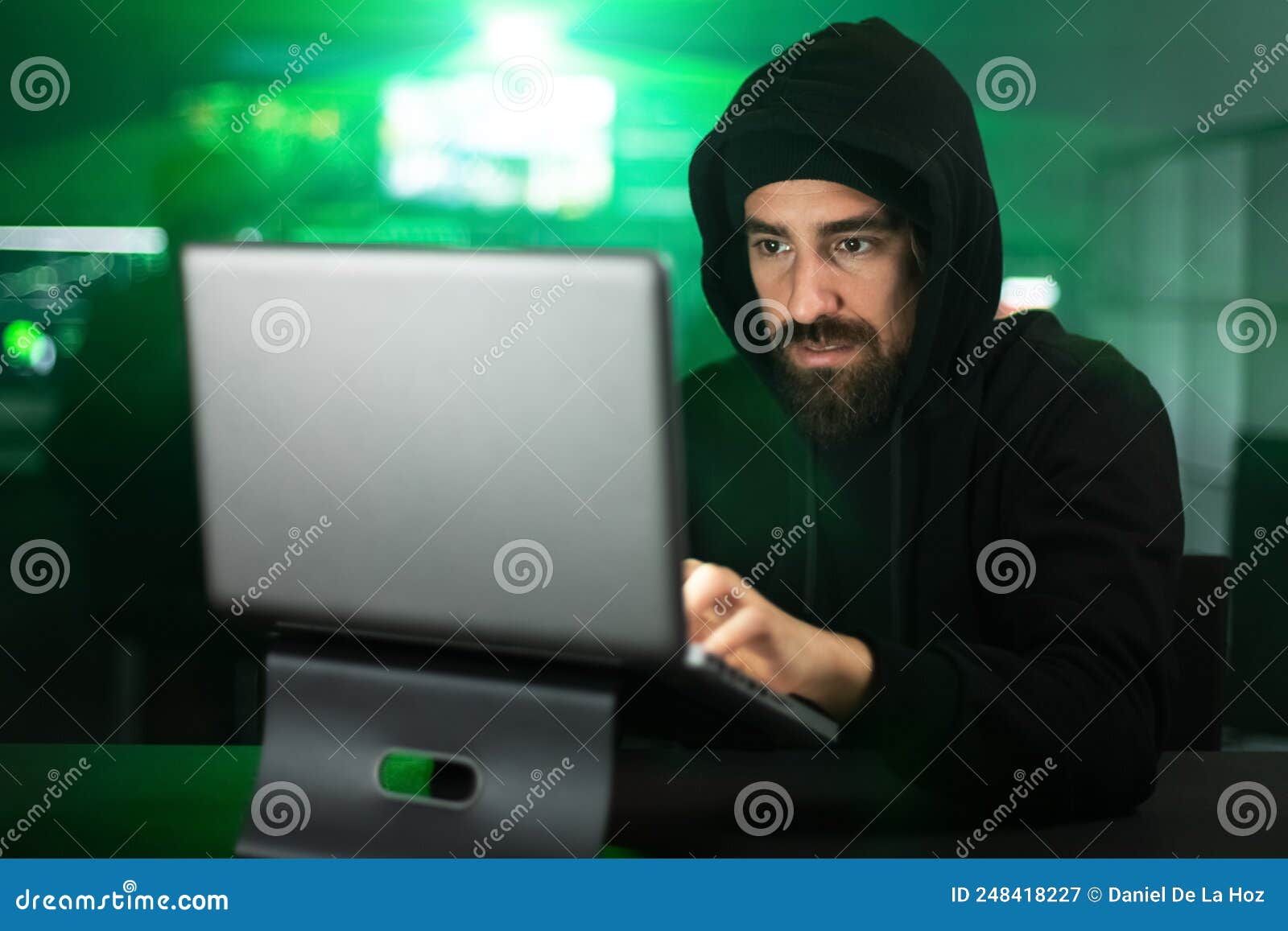 Male Black Hat Hacker Hacking Security Firewall Late in the Office ...