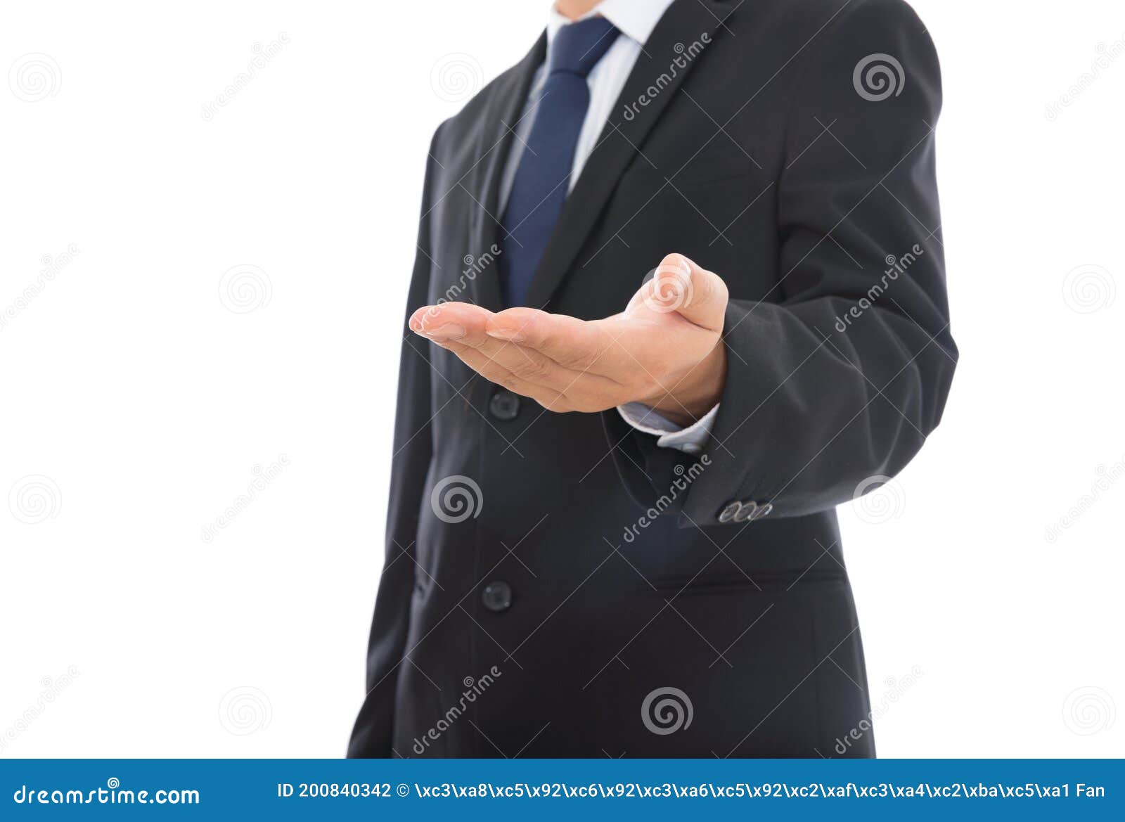 Male in Black Suit with Left Hand Facing Upward Gesture Stock Photo ...