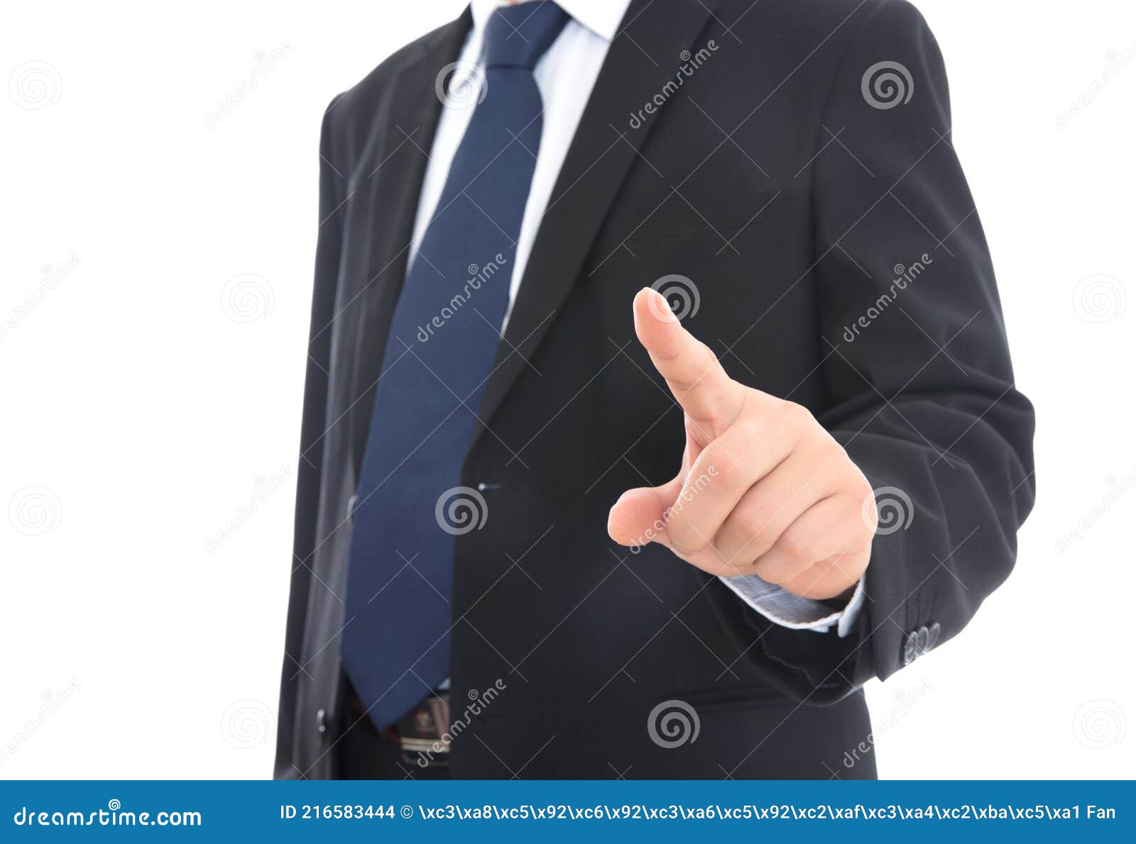 Male in Black Suit with Left Hand Raised Index Finger and Click Gesture ...