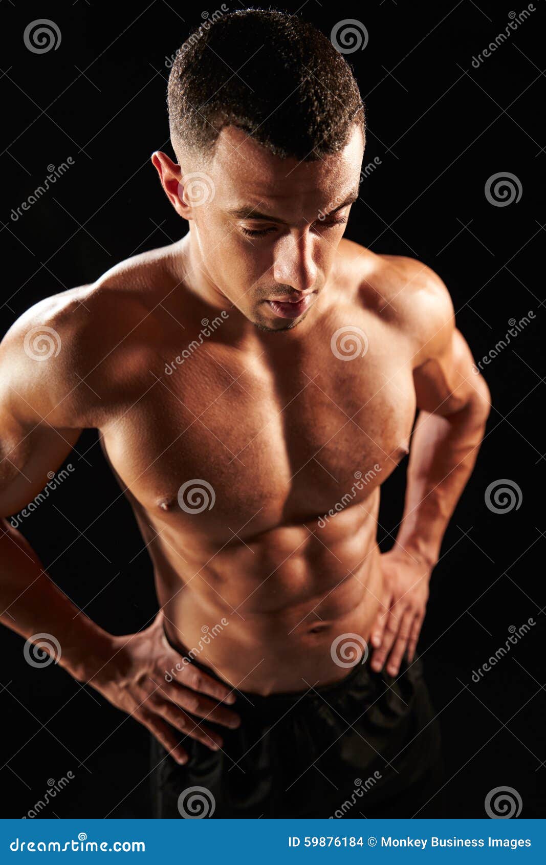Male Bodybuilder with Hands on Hips, Elevated View Stock Photo - Image ...